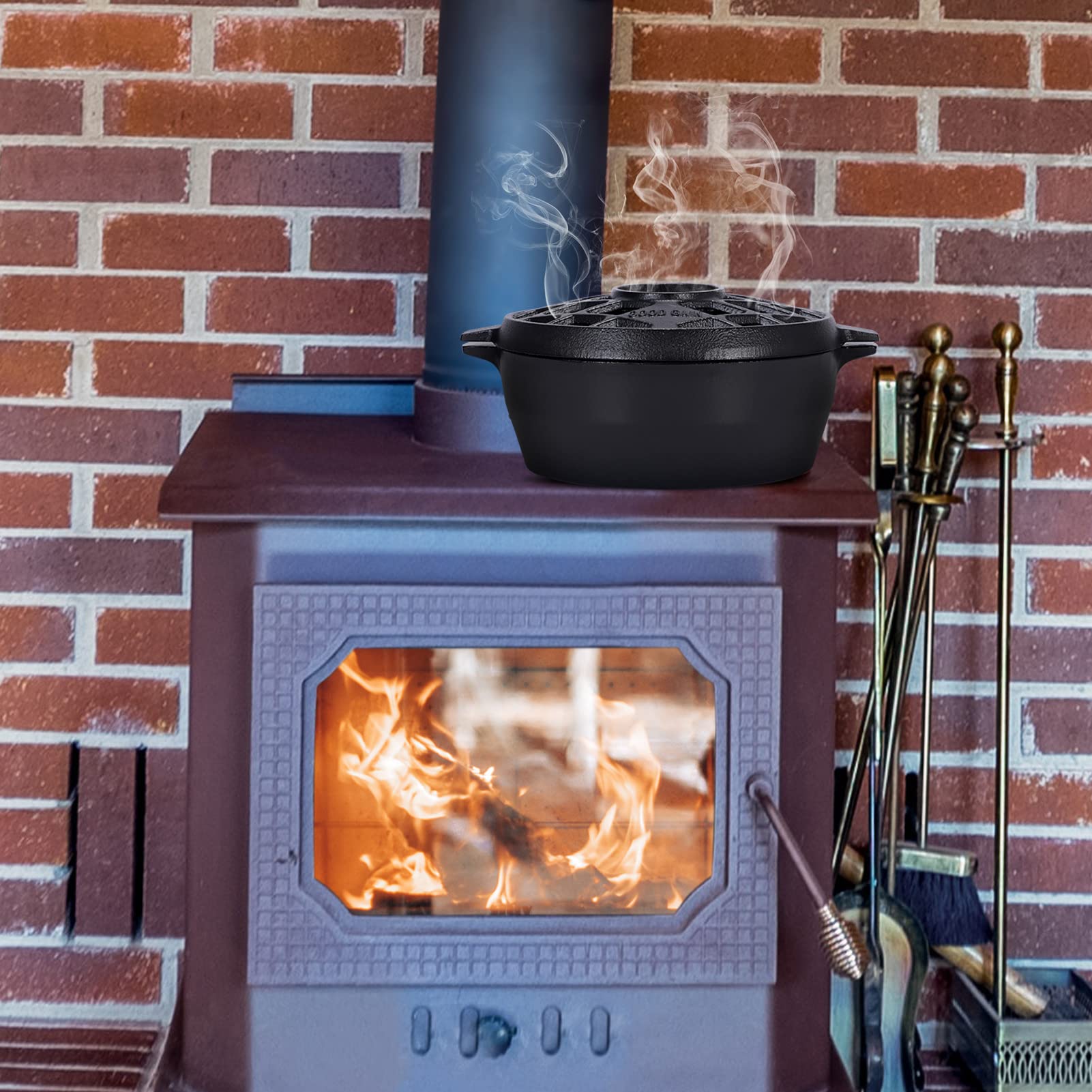 G Good Gain Wood Stove Steamer,Fireplace Humidifier,Cast Iron Humidifier for Stove, Matte Black Finish, Rust Resistant, Lattice Top, 2.5 Quart Capacity,Wood Burning Stove Indoor Decorative