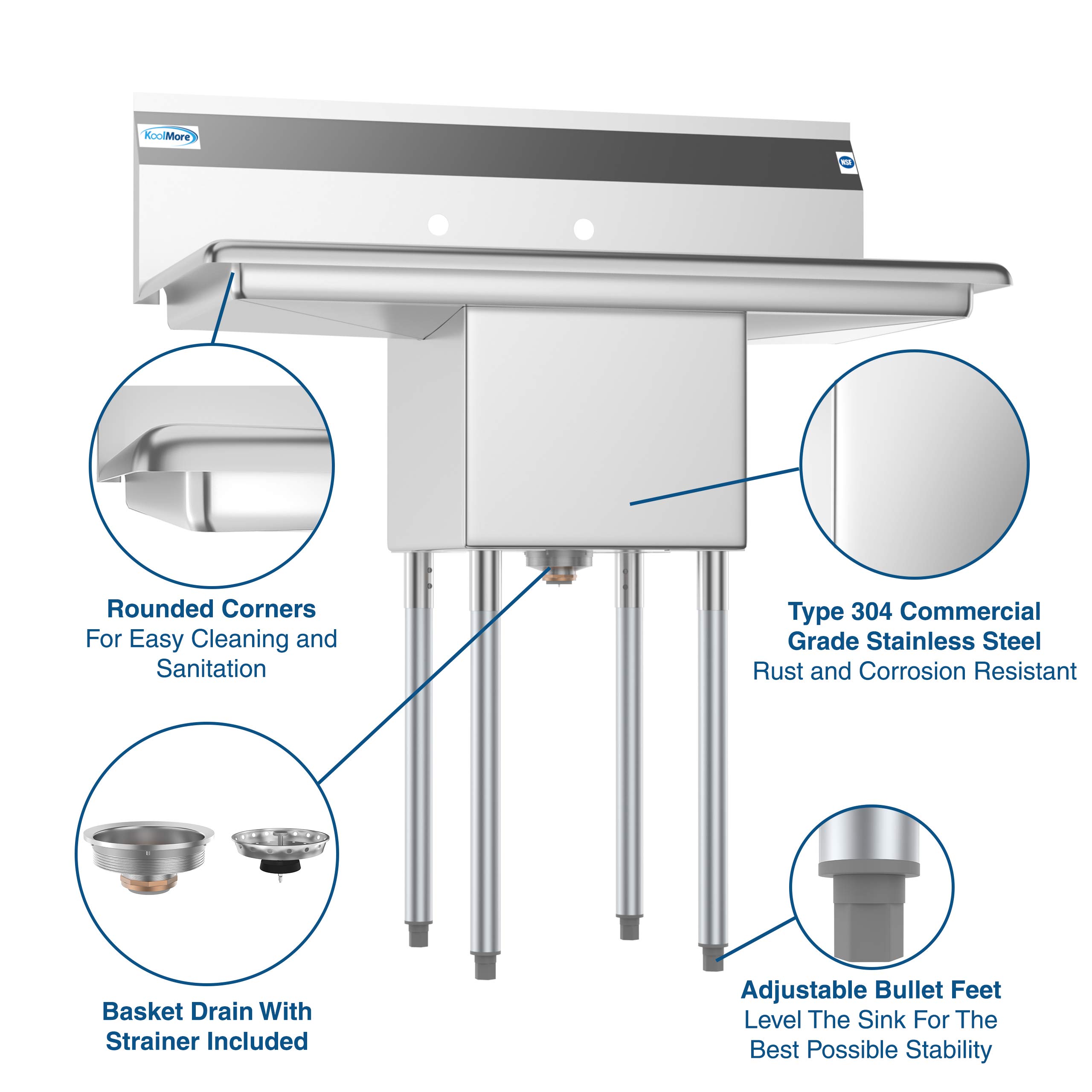 KoolMore 1 Compartment Stainless Steel NSF Commercial Kitchen Prep & Utility Sink with 2 Drainboards - Bowl Size 14" x 16" x 11", Silver