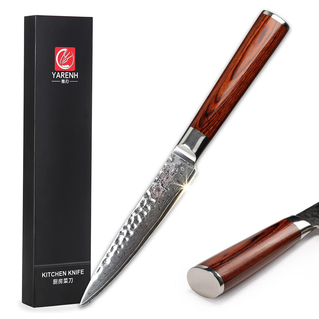 YARENH Kitchen Knife,Fruit Knife 5 inch,Damascus Steel Blade,High Carbon,67 Layers,Full Tang,Kitchen Utility Knife for Professional Chef,Pakka Wood Handle,Gift Box Packaging, HYZ-Series