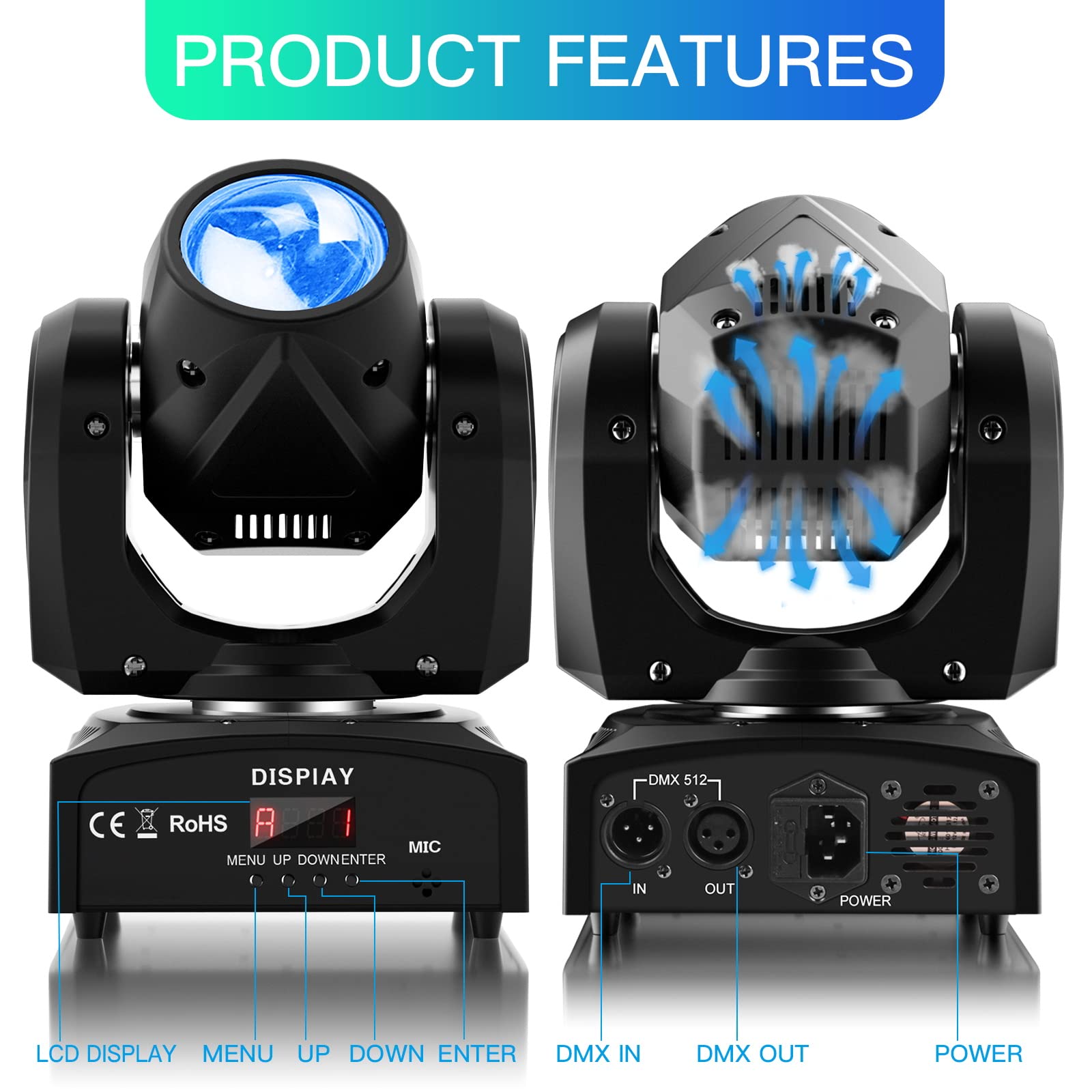 60W LED Moving Head Light RGBW Stage Lights DMX Control Sound Activated Spotlight for Disco DJ Party Wedding Live Show Stage Lighting