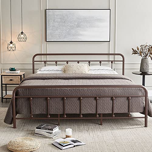 H HESTINYSUS Metal King Size Bed Frame with Vintage Headboard and Footboard, Premium Stable Steel Slat Support Mattress Foundation, No Box Spring Needed and Easy Assembly, Brown (King).