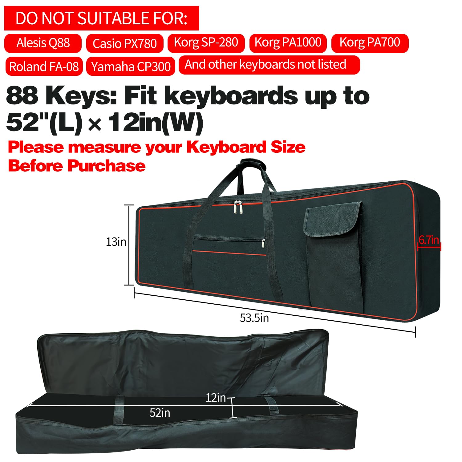 61 Key/88 Key Keyboard Case, Keyboard Gig Bag with Handles and Adjustable Shoulder Straps, Keyboard Gig Bag with 2 Pocket for Mobile Phone Sustain Pedals, Cables (88 Keys, 53.5"×13“×6.7”)