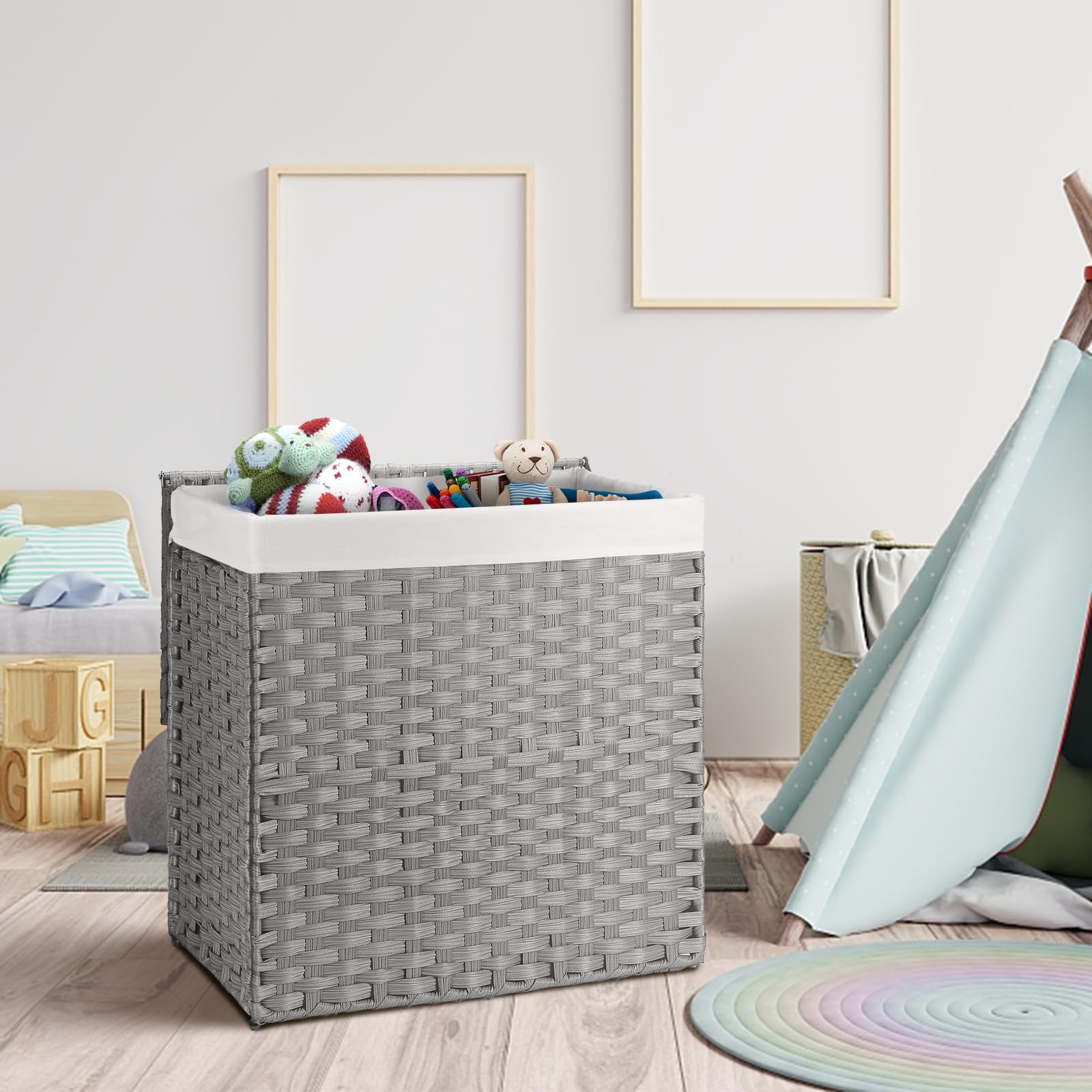Bellzacasa Laundry Hamper with Lid, 110L Clothes Hamper with Removable Liner Bag Wicker Laundry Basket Laundry Hamper for Bathroom 22.4 x 13 x 23.6 Inches Grey