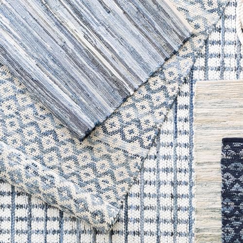 Dash and Albert Denim Rag Diamond Ivory Handwoven Cotton Rug, 3 X 5 Feet, Blue Geometric Pattern