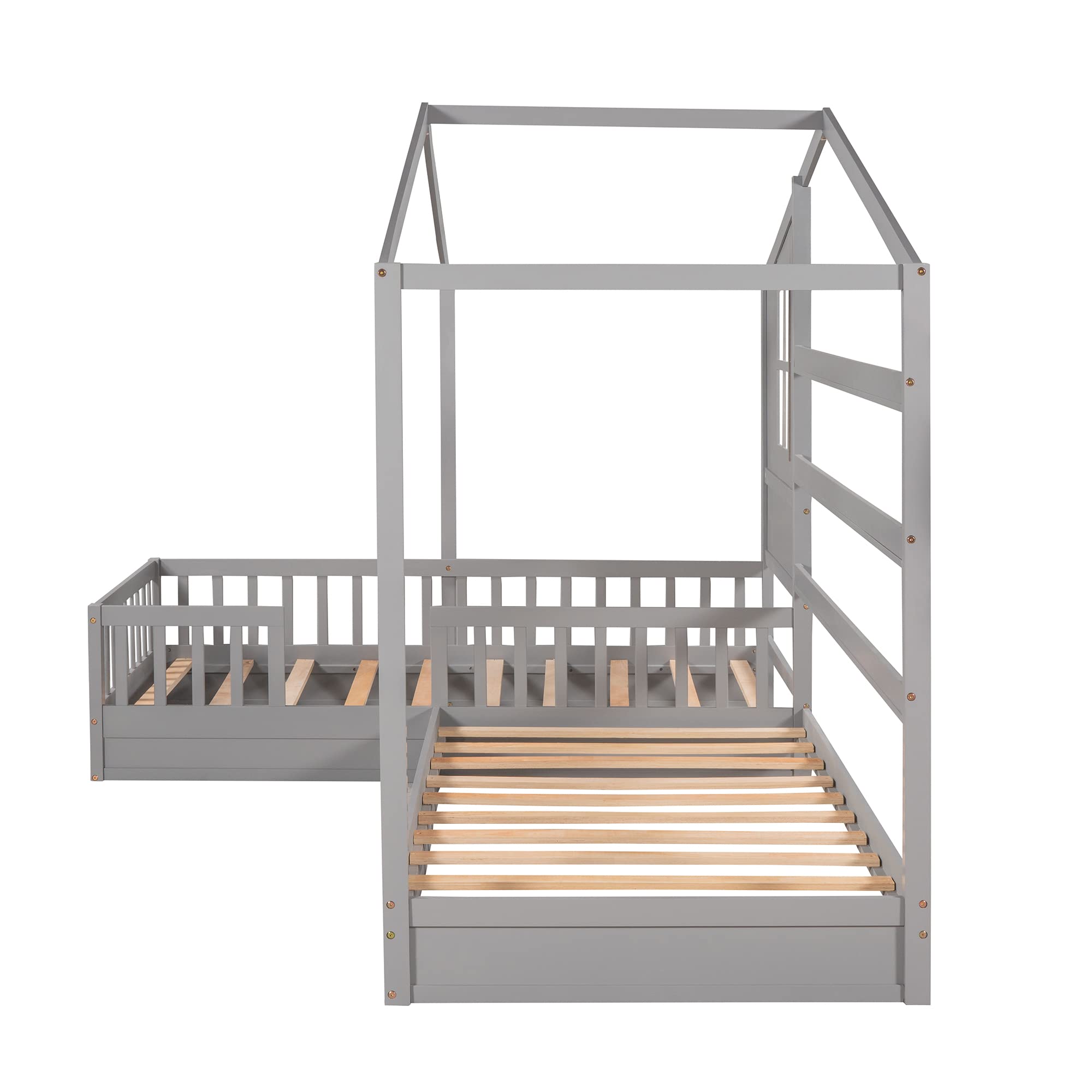 L Shaped Bed Frame with Roof, Twin Corner Bed House Bed for Kids, Solid Wood Twin Platform Bed Frame for 2 People (Twin Size, Gray)