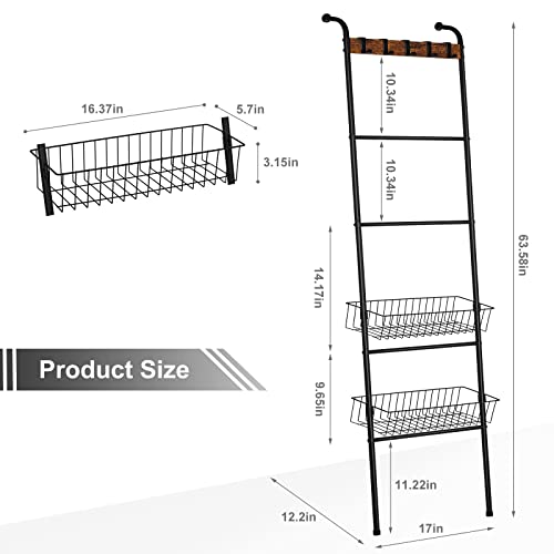 Blanket Ladder Wall-Leaning Blanket Ladder Rack Holder with Removable Hooks and Storage Mesh Baskets Metal Decorative Towel Ladder Shelf for The Living Room Outdoor Pool Black 5 Layer