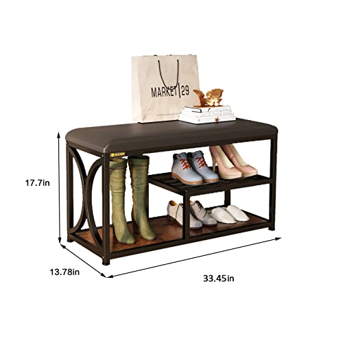 ALISENED Shoe Rack Bench for Entryway with Padded Seat,Industrial Entry Bench with Shoe Storage Shelf for Small Spaces,3-Tier Small Rustic Shoe Rack,Padded Storage Bench,Metal Frame,Space Saving
