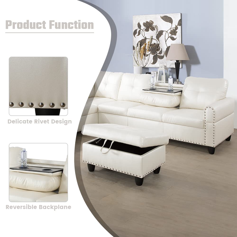 GEBADOL 97" Wide Rivet Designed L-Shaped Sofa Set 3 Pieces Faux Leather Couch and Chaise with Extra Storage Ottoman for Living Room/Office/Apartment (Left-Hand Facing, White)