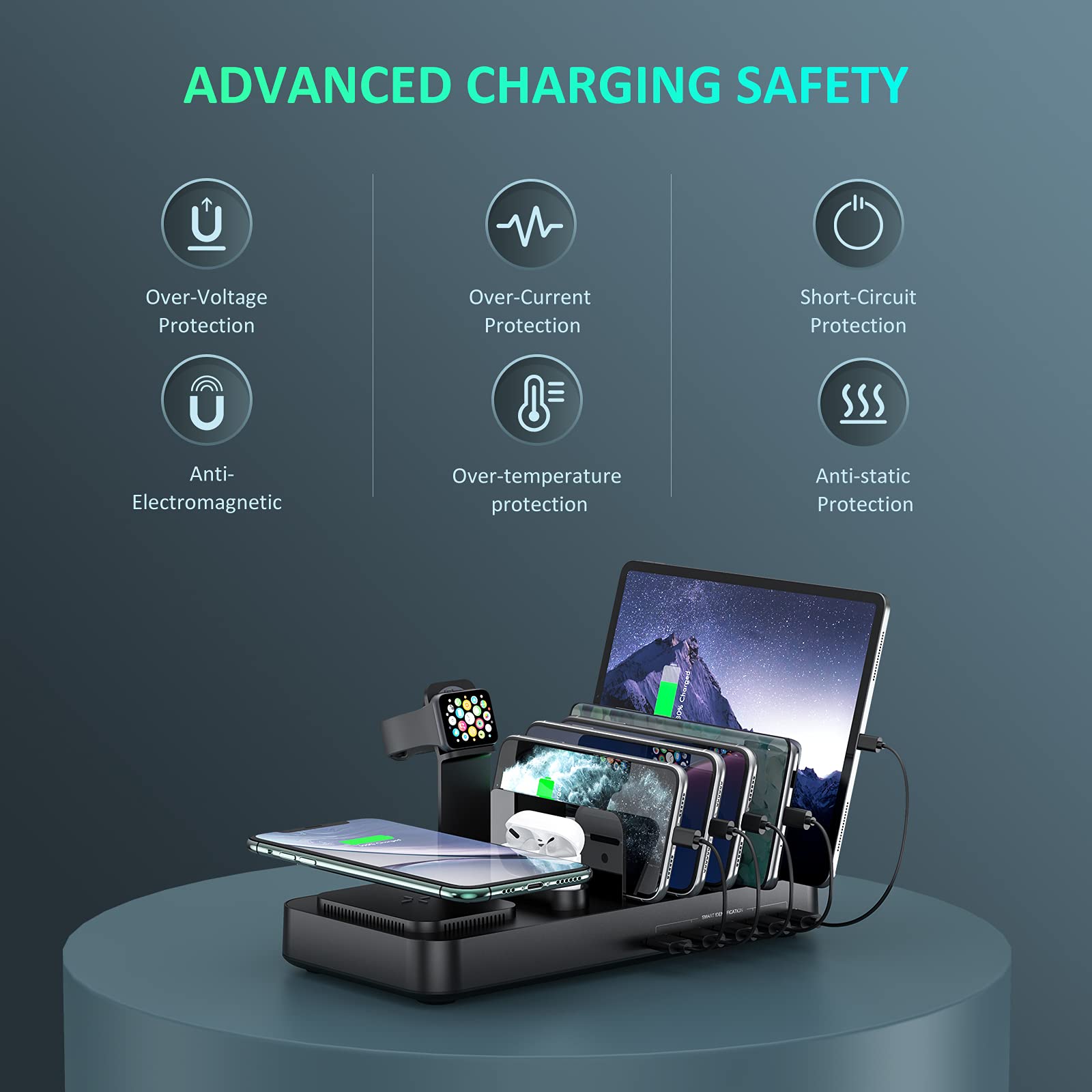 8 in 1 Wireless Charger Station for Multiple Devices, Charging Dock with AirPods iWatch Charger Stand, 10W Wireless Charger and 9 Short Mixed Cables for iPhone/iPad/Android/Tablets-Pitch Black