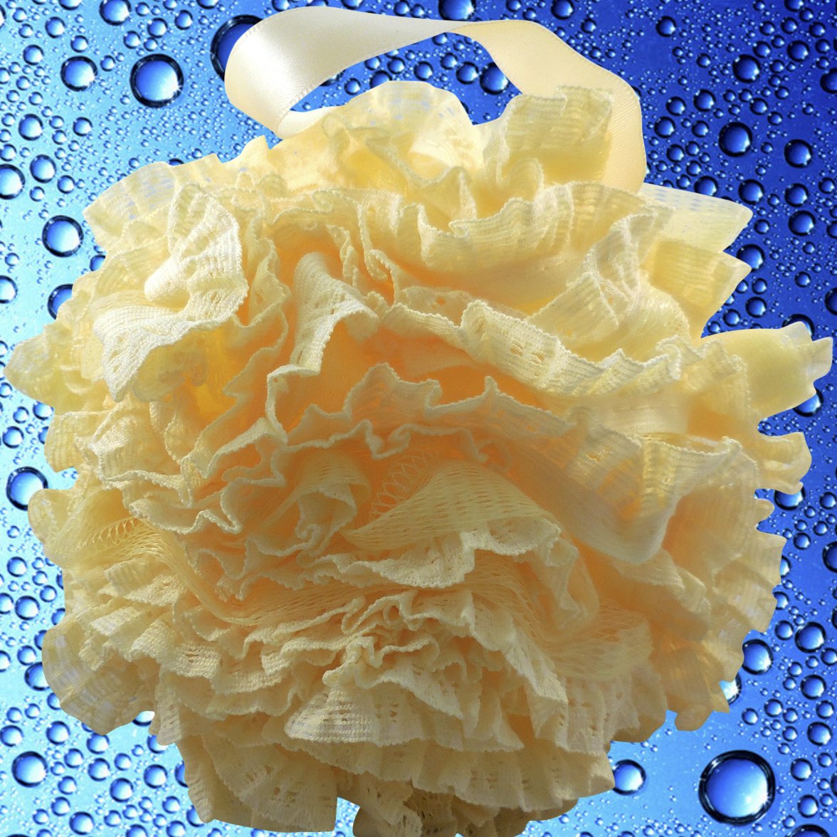 Loofah-Bath-Sponge Lace-Mesh-Set // 2-Scrubs-in-1 by Shower Bouquet/Large Full 60g Pouf (4 Pack Spa Colors) Body Luffa Loofa Loufa Puff - Exfoliate, Cleanse Skin with Luxurious Bathing Accessories