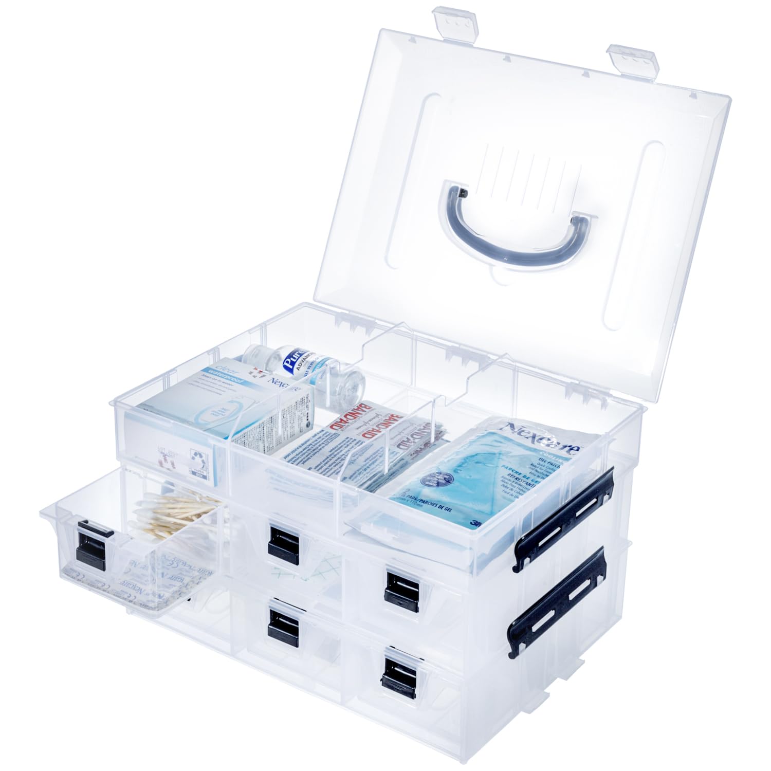 MyGift 11 Inch Clear Plastic Storage Box Container, Arts and Crafts Sewing Supplies Organizer Case with Black Accents, 24 Customizable Compartments, and 6 Drawers with Removable Dividers