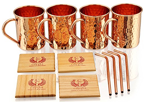 Gift Set Pure Copper Hammered Mugs with Copper Straws & Wooden Coasters Set of 4 - PREMIUM QUALITY -16 Oz Copper Mug - 100% Handcrafted - A Gift Pack for your loved Ones.