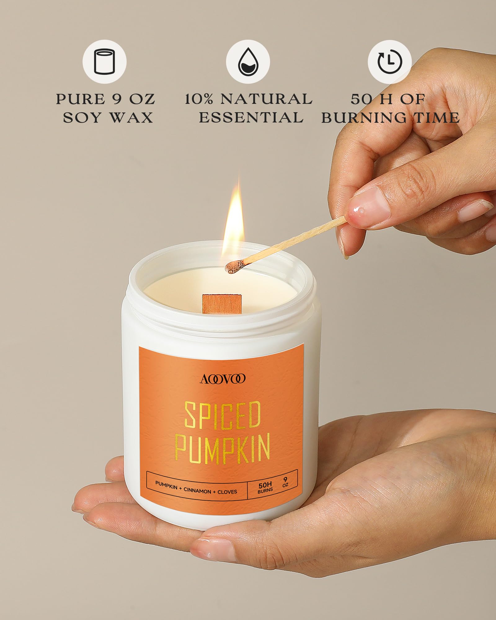 AOOVOO Spiced Pumpkin Candle - Pumpkin Candle, Wood Wick Candles, Fall Candles, Scented Candles, Scented Candles, Soy Candle, 9oz