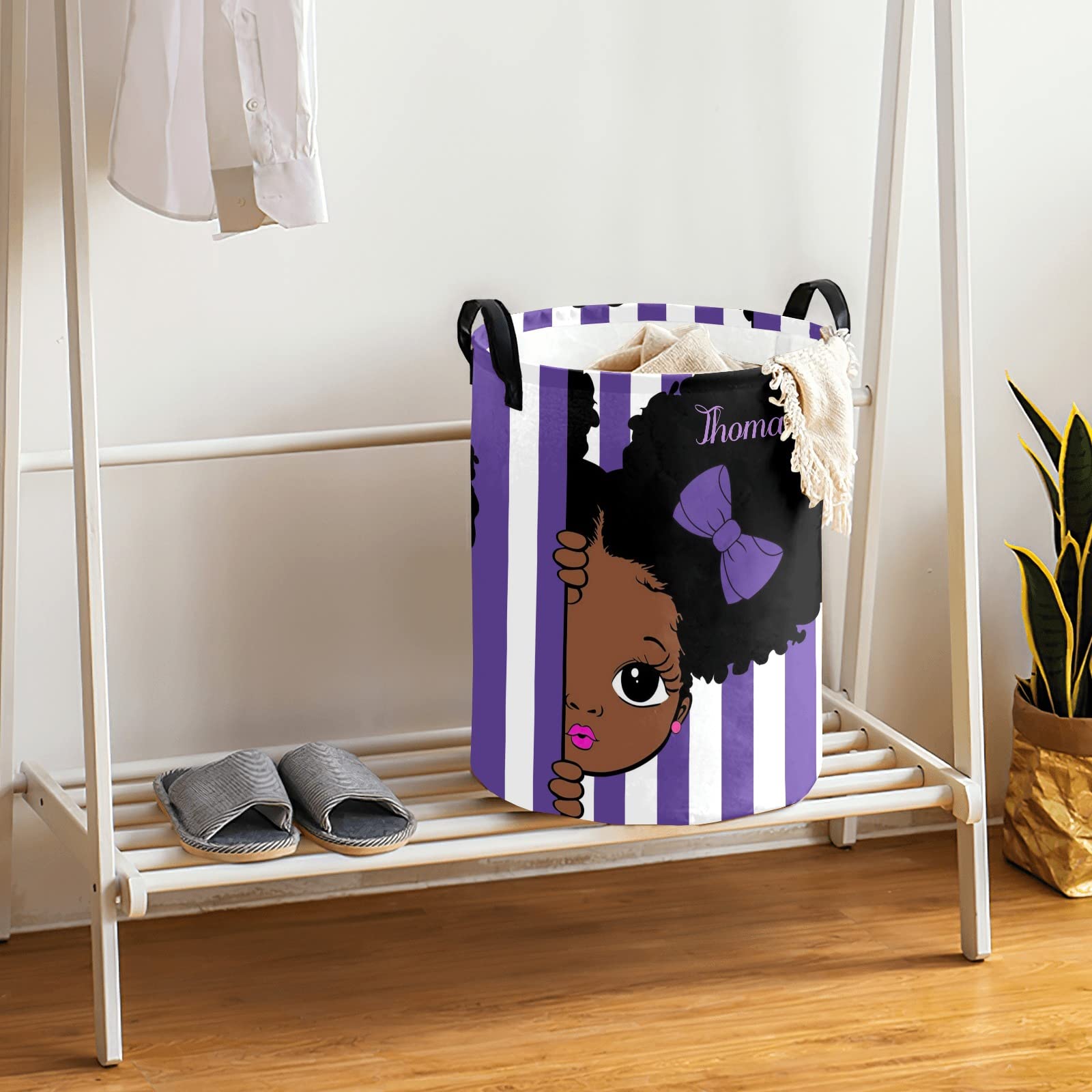 African Girl Violet Personalized Laundry Hamper,Custom Name Collapsible Waterproof Laundry Basket Storage Bins with Handle for Clothes,Toy,Nursery