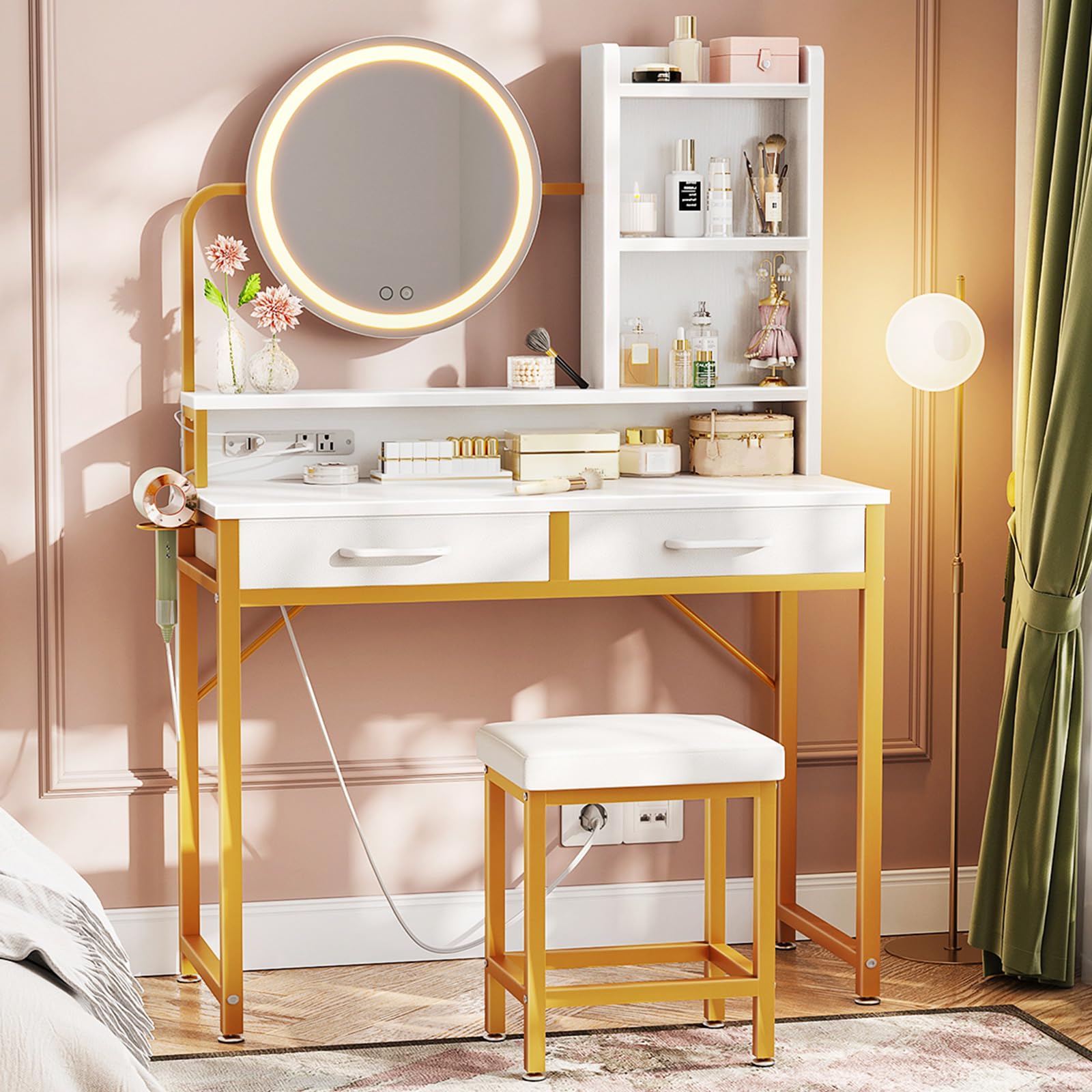 AODK Vanity Desk with Mirror and Lights, 32 Inch Makeup Vanity Mirror with Lights Desk and Chair, Small Vanity Desk Mirror for Bedroom, White Vanity Table with Fabric Drawers Makeup Table Desk, White