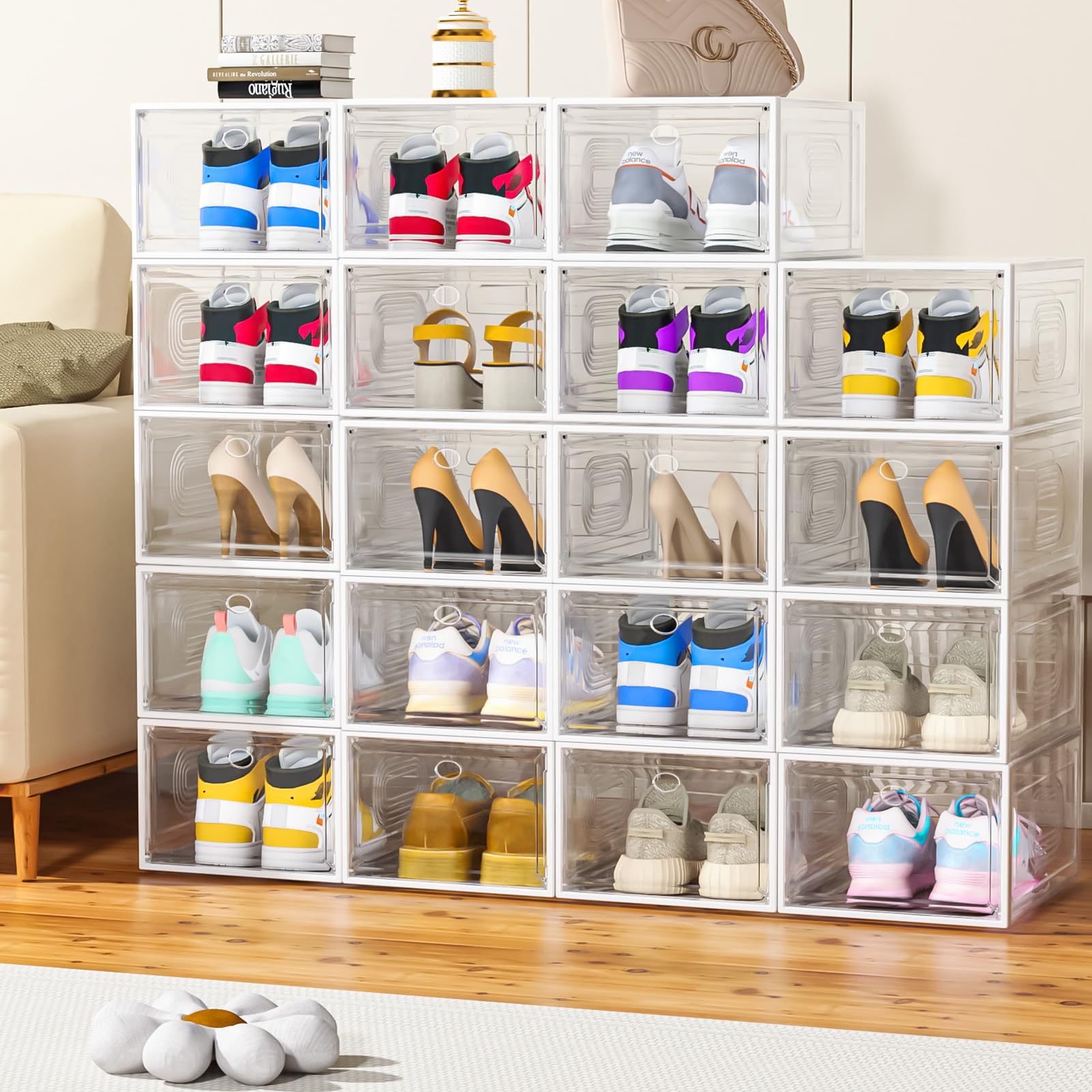 YFXCVSL 8 Pack Thicken Shoe Organizer - Upgrade Sturdy Shoe Boxes Stackable Shoe Storage Containers with Magnetic Door, Thicken Sneaker Storage Fit up to US Size 12,White
