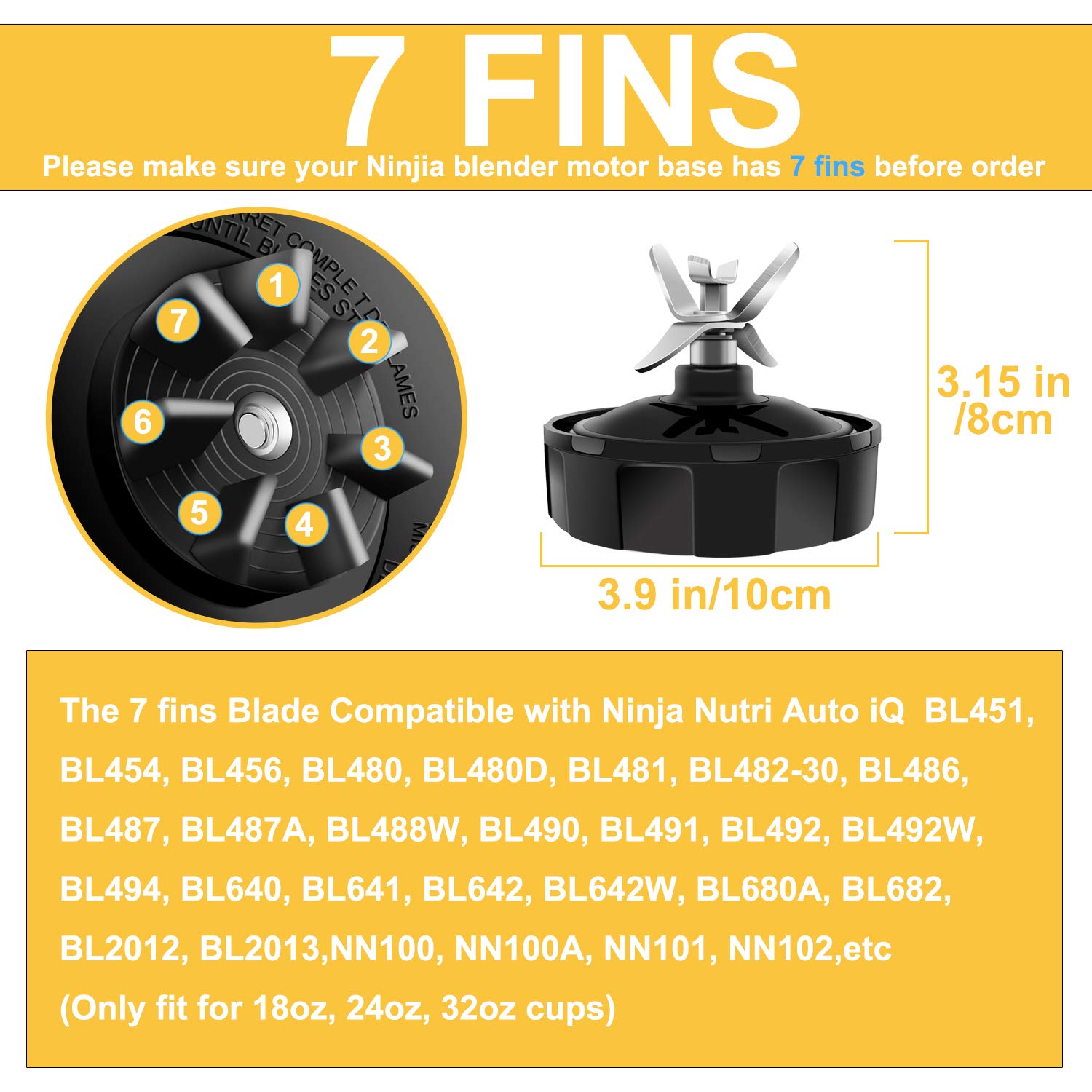 7 Fins Ninja Blender Blades Replacement,Nutri Ninja Blender Replacement Parts,Professional Extractor Blade Accessories for 32oz 24oz 18oz Cup Ninja Blender Auto iQ BL482-30 BL487 BL480D-30 BL486CO