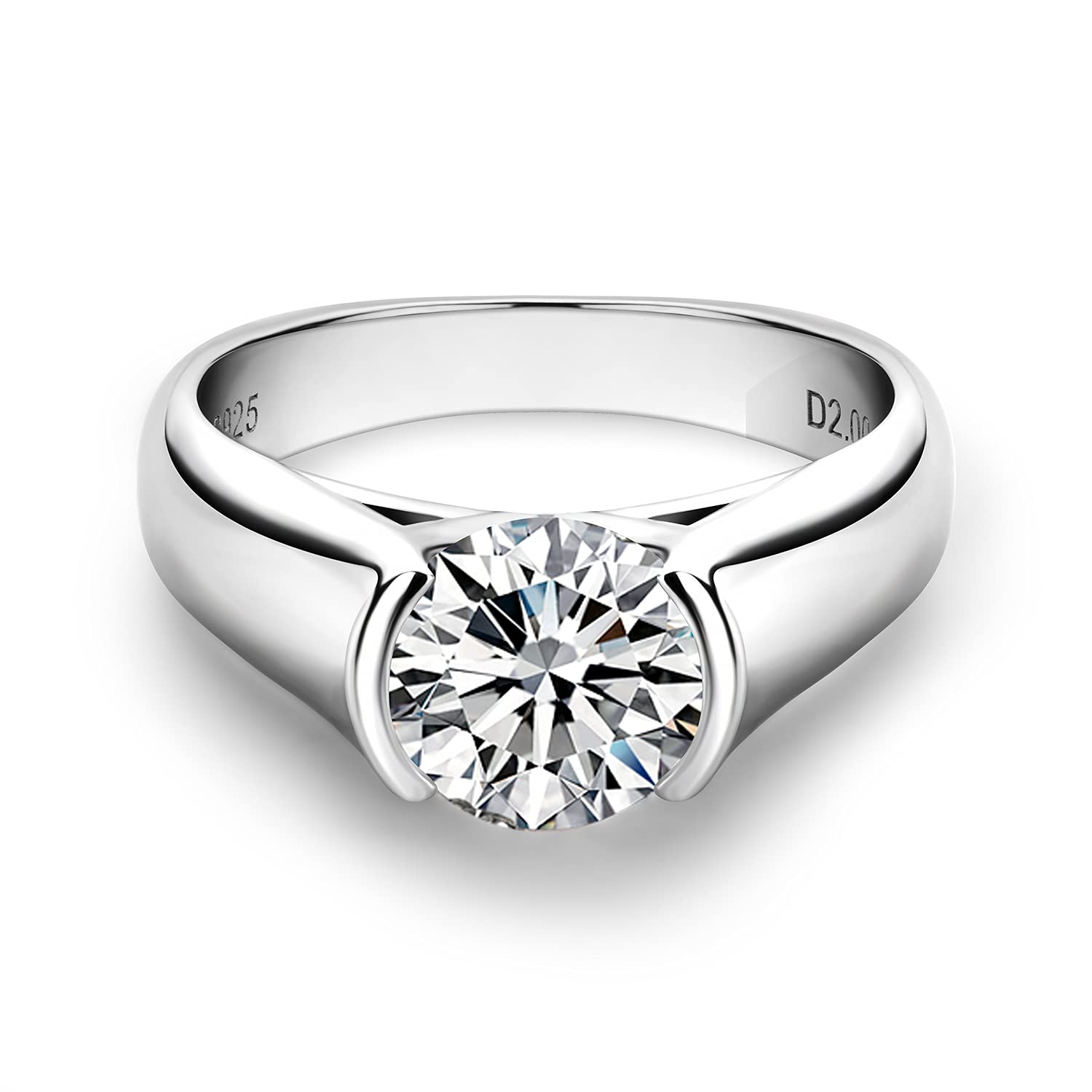 CannyCat 2 Carat Moissanite Half Bezel Set Ring for Women Platinum Plated Silver D color VVS 8mm Moissanite Diamond Solitaire Engagement Promise Band (7)