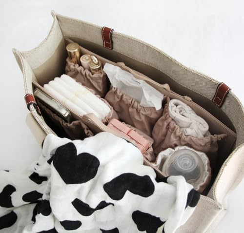 ToteSavvy Original Bag Organizer (14" L x 10" H) - 11 Pocket Tote Insert - For Travel, Work, Baby and More (Original Almond)