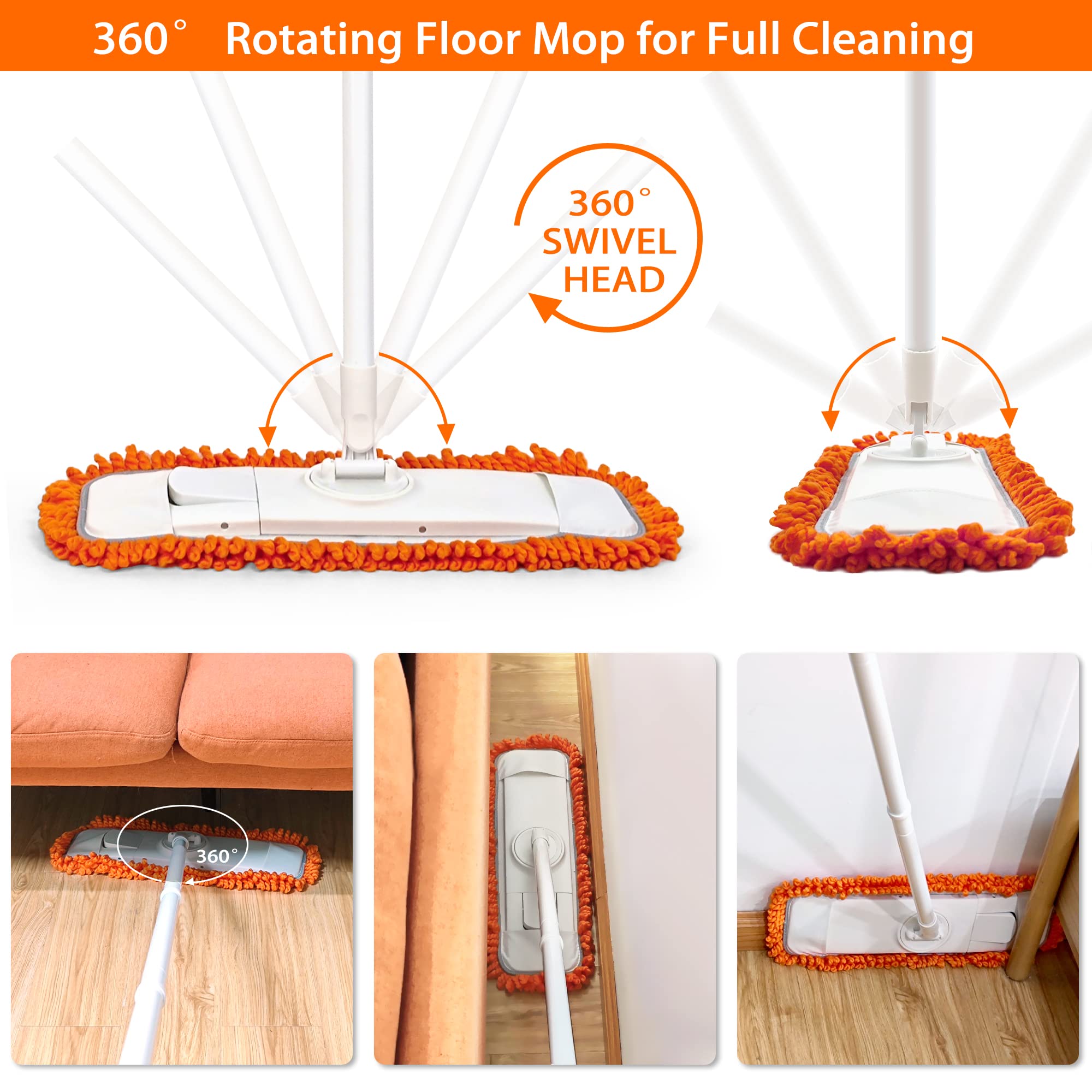 JEHONN Carpet Floor Sweeper Manual with Horsehair, Dust Mop for Floor Cleaning with 2 Washable Microfiber Pads