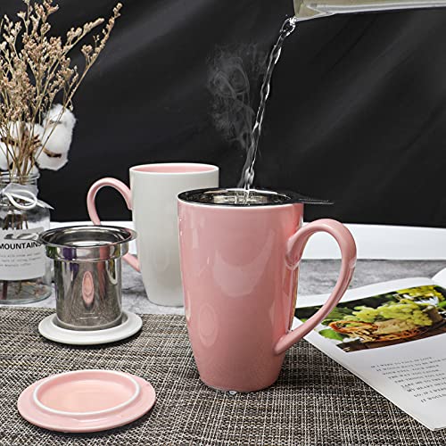 amhomel Porcelain Tea Mug with Infuser and Lid, 16 Ounce Ceramic Tea Cup for Loose Leaf, Coffee, Cocoa and Milk, Tea Gift for Tea Lovers, Set of 2(Pink and White)