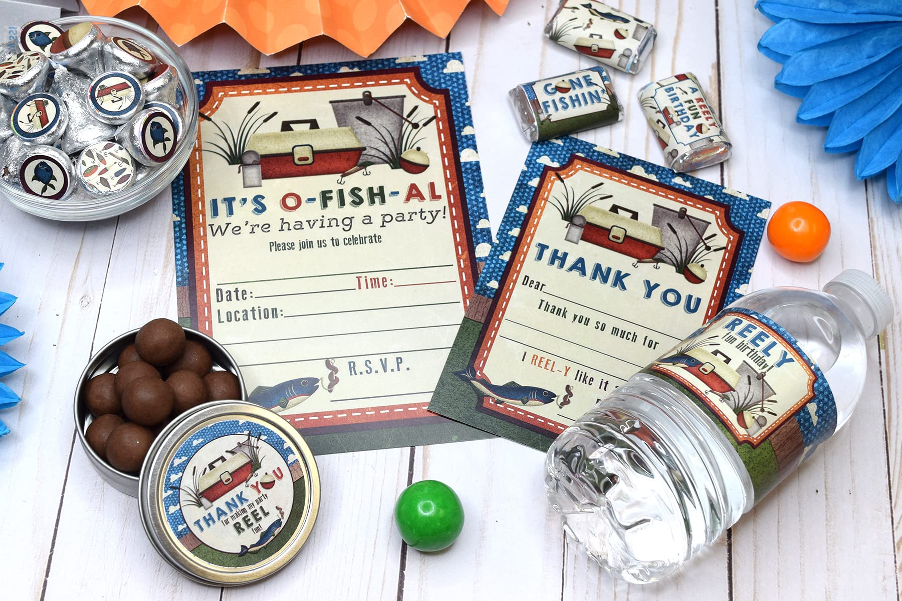 Amanda Creation Deluxe Gone Fishing REELY Fun Birthday Party Bundle Includes 20 Invitations & Thank You Cards with Envelopes + 3 Different Sizes of Stickers & Water Bottle Labels!