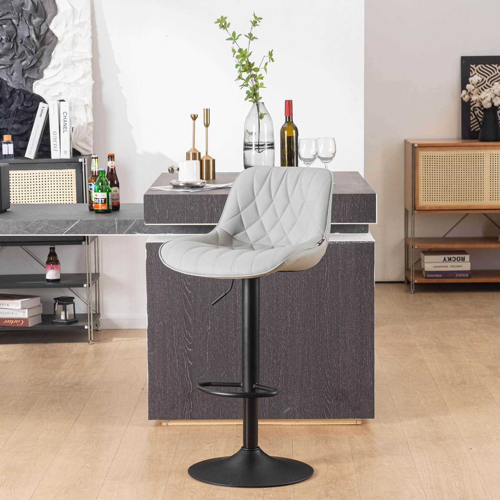 Kidol & Shellder Bar Stools Adjustable Barstools Swivel Counter Height Bar Stools Soft Thicked Faux Leather Bar Chairs,Grey,3 Mins Quick Assembly,Lold up to 300lbs(Single)