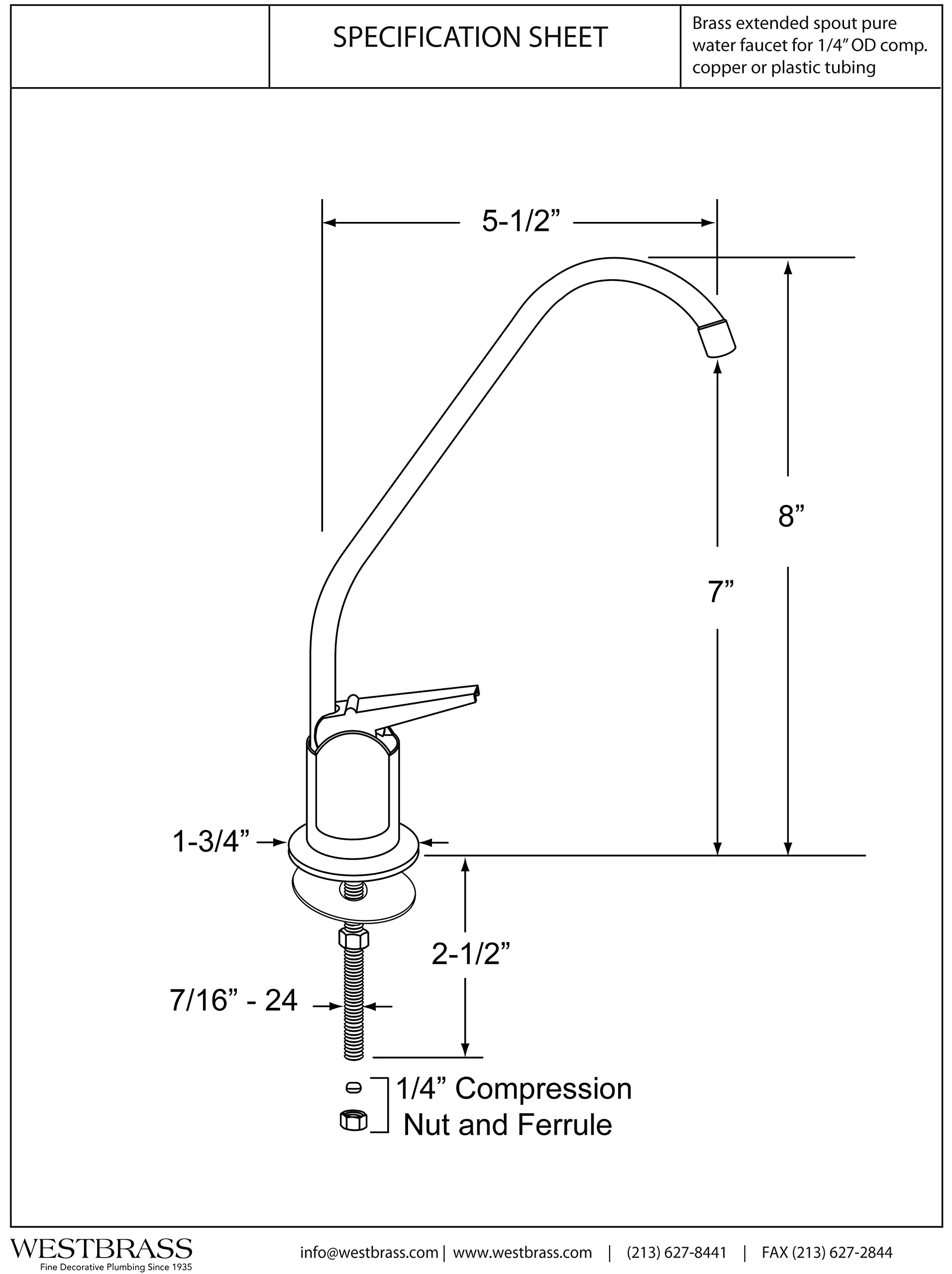 Westbrass A2031-NL-62 8" Touch-Flo Style Pure Cold Water Dispenser Faucet, 1-Pack, Matte Black