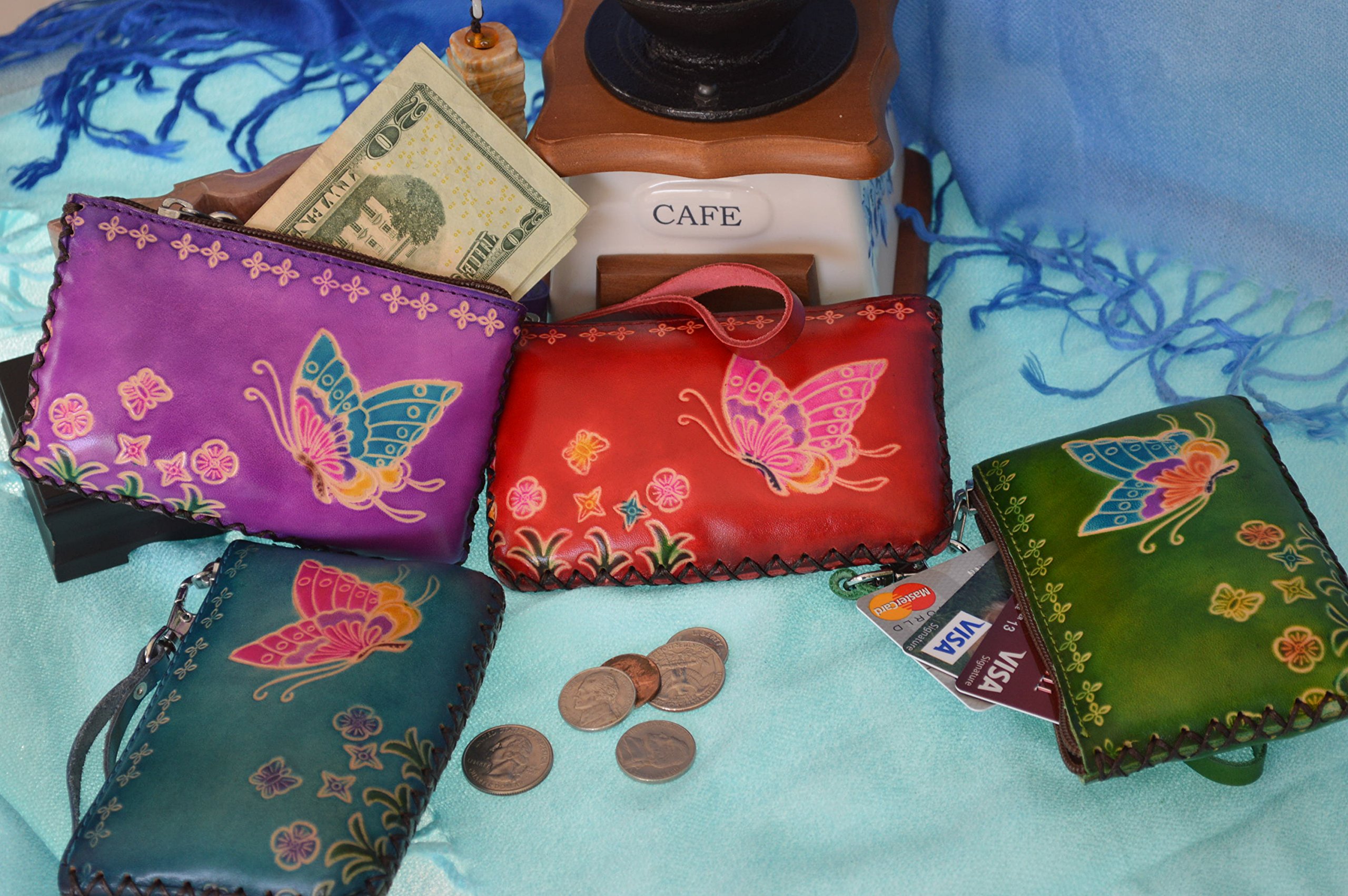 BPLeathercraft Leather Change Purse, handmade Wallet, Rectangle,A Flying Butterfly and Flower (Red-1)