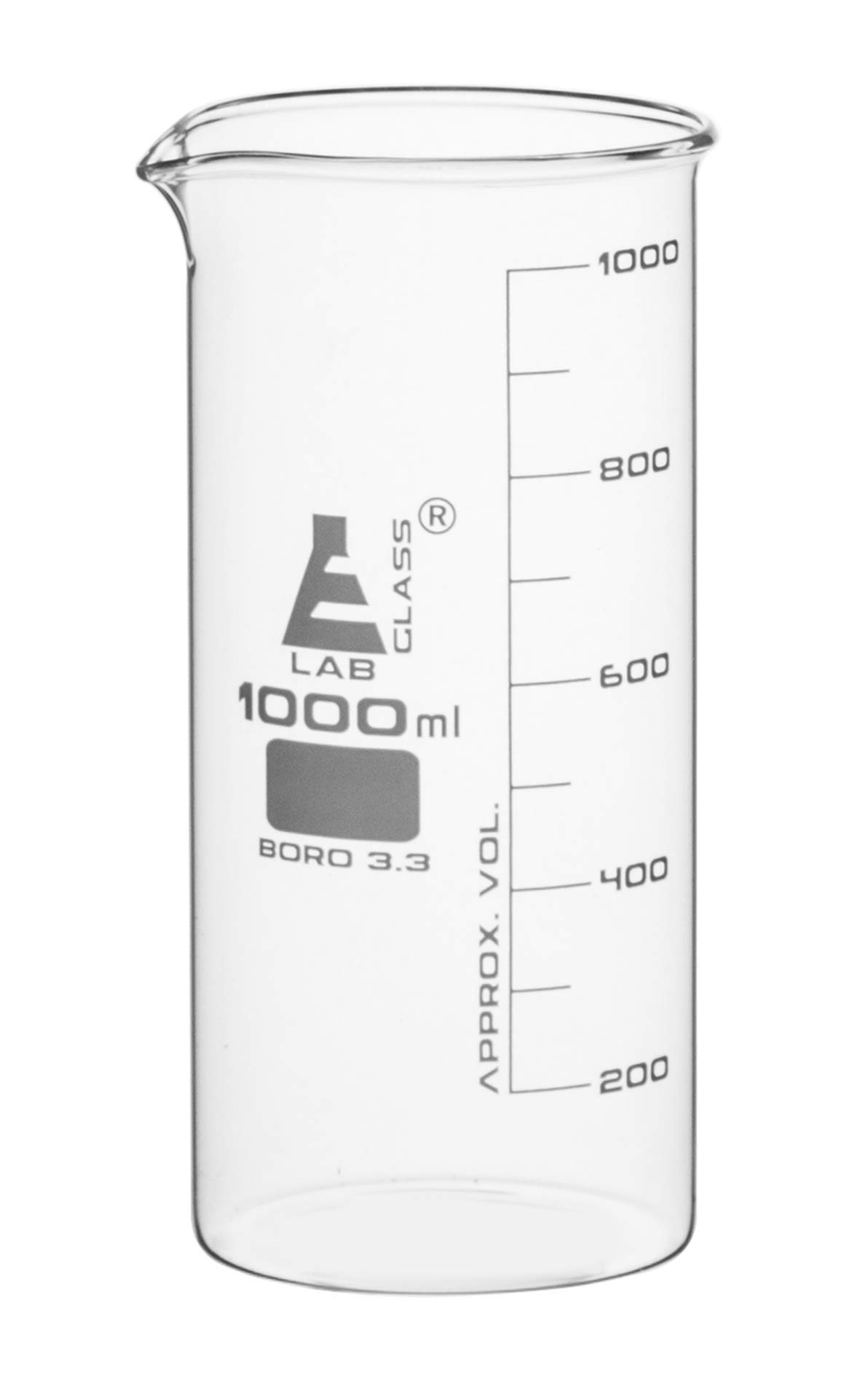 Beaker, 1000mL - Tall Form with Spout - White, 100mL Graduations - Borosilicate 3.3 Glass - Eisco Labs