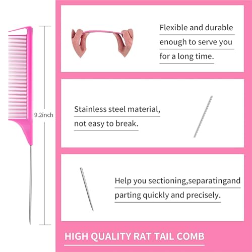 8 Pieces Styling Comb Set - Teasing Brush, Rat Tail Comb, Edge Brush for Slicking and Combing Hair for Women (Pink)