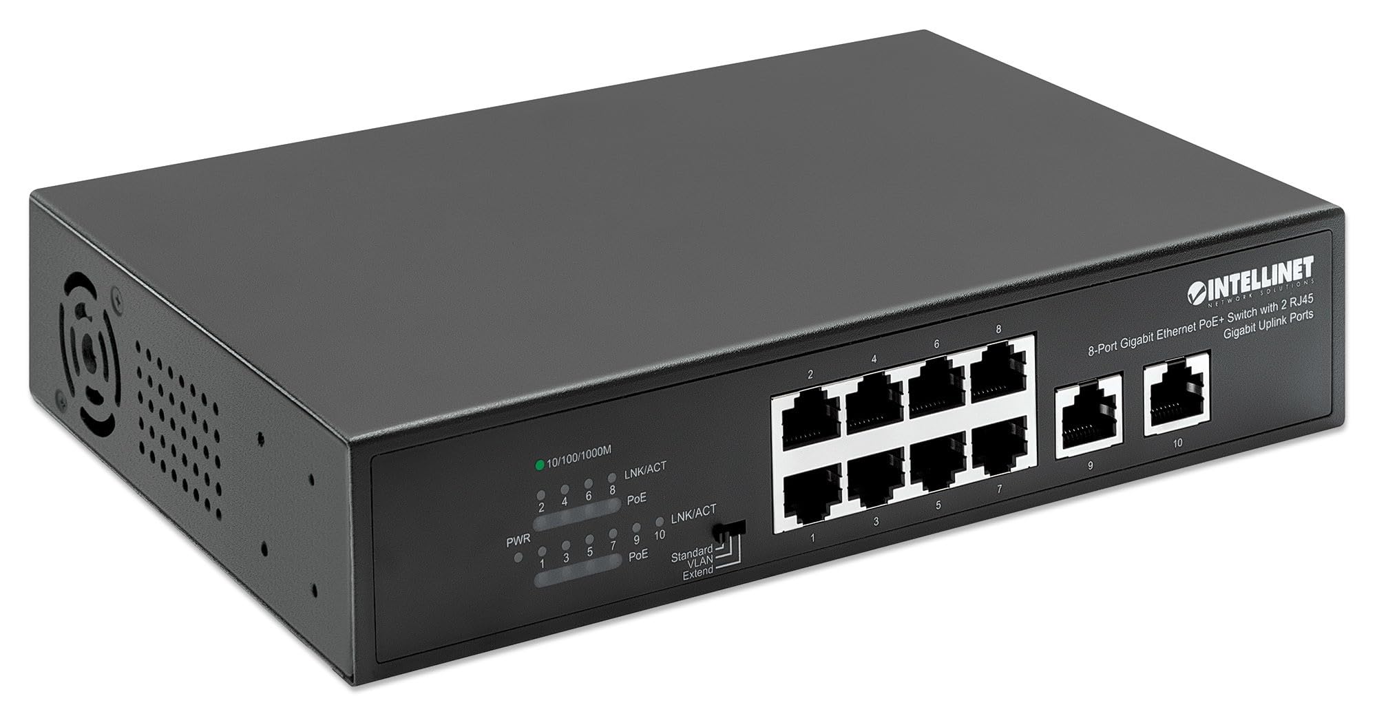 Intellinet 8-Port Gigabit Ethernet PoE+ Switch with 2 RJ45 Gigabit Uplink Ports,120W Power Budget, Manual VLAN Mode, Endspan, Self-Healing Network, Desktop - 3 Yr Mfg Warranty - 561402