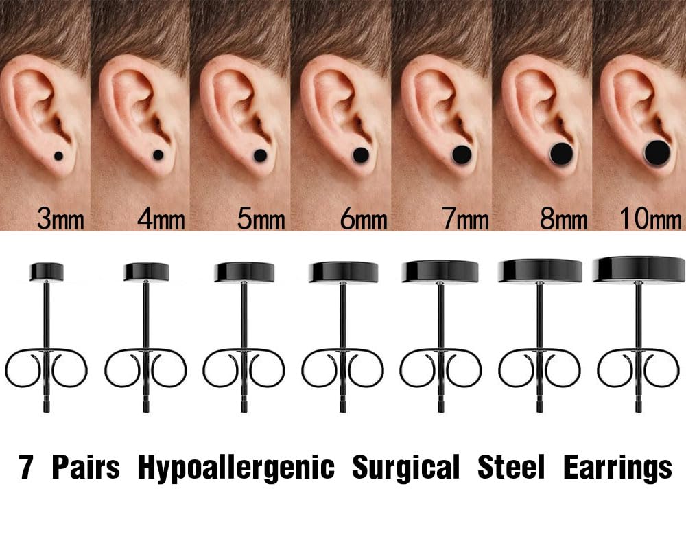 7 Pairs Black Earrings Surgical Steel Studs Hypoallergenic 316L Stainless Steel Stud for Men Women Contain 3,4,5,6,7,8,10 mm