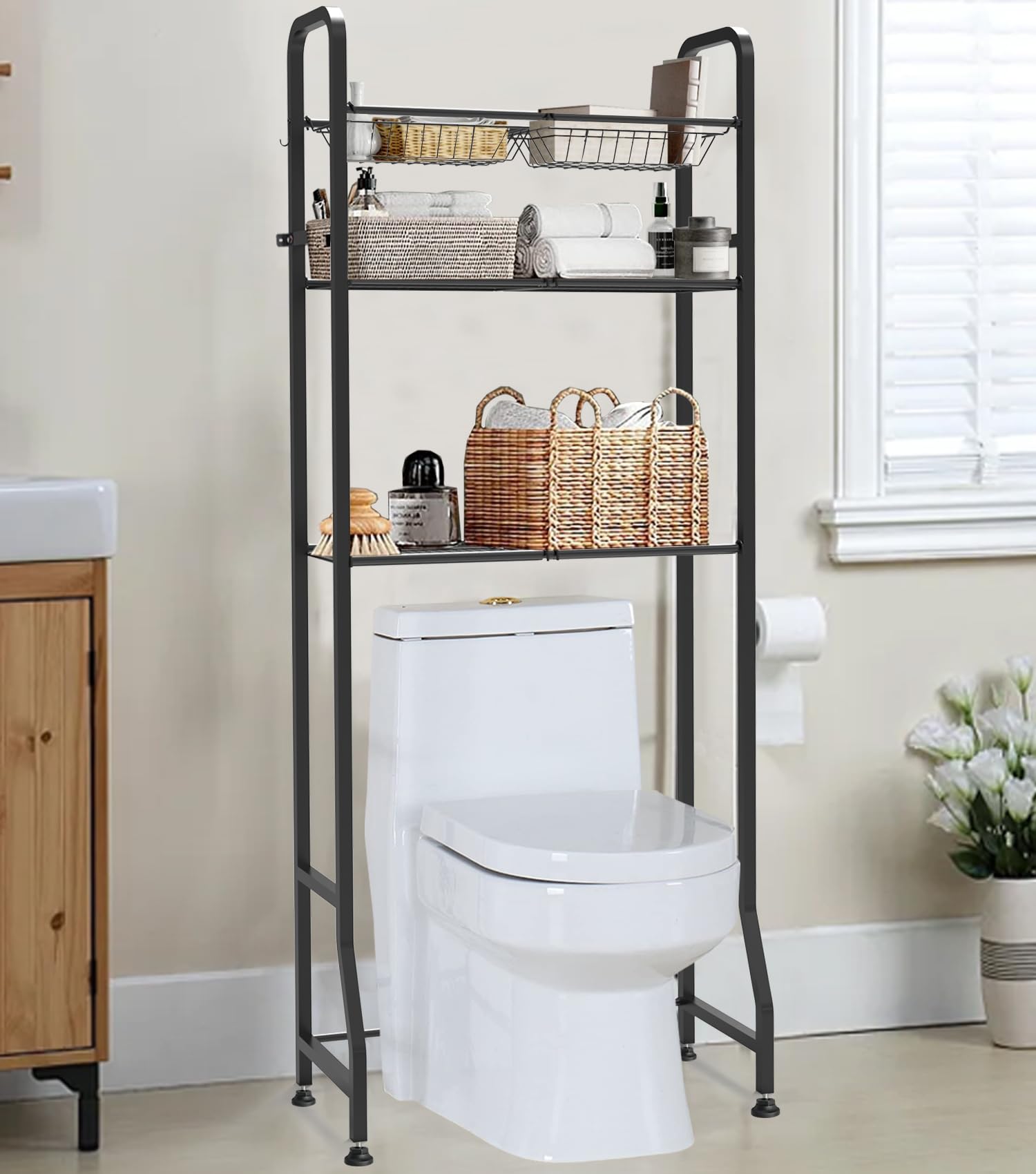 Khordin Over The Toilet Storage Shelf for Bathroom, 3-Tier Above Toilet Rack Bathroom Organizer with Adjustable Shelves and Hanging Hooks, Easy to Assemble & Space Saving, Black
