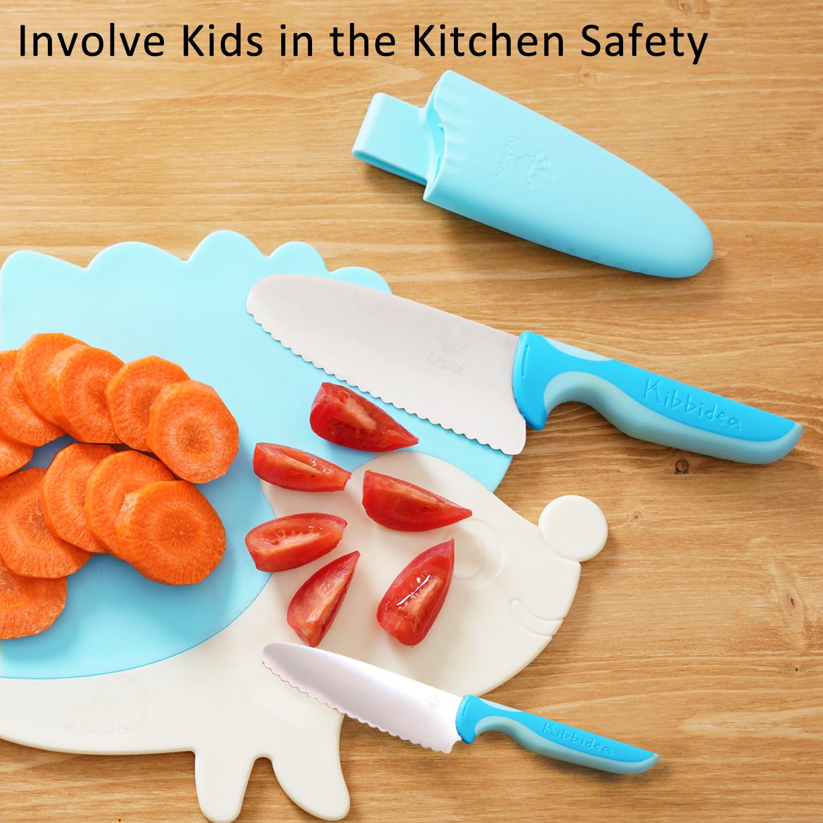 Kibbidea 4 Pcs kids knife set for real cooking, Kids First Cutting Knife Set, Round Tip Kids Friendly Kitchen Knife, BPA-free Stainless Steel Kids Chef Knife to Learn to Cook (Blue)