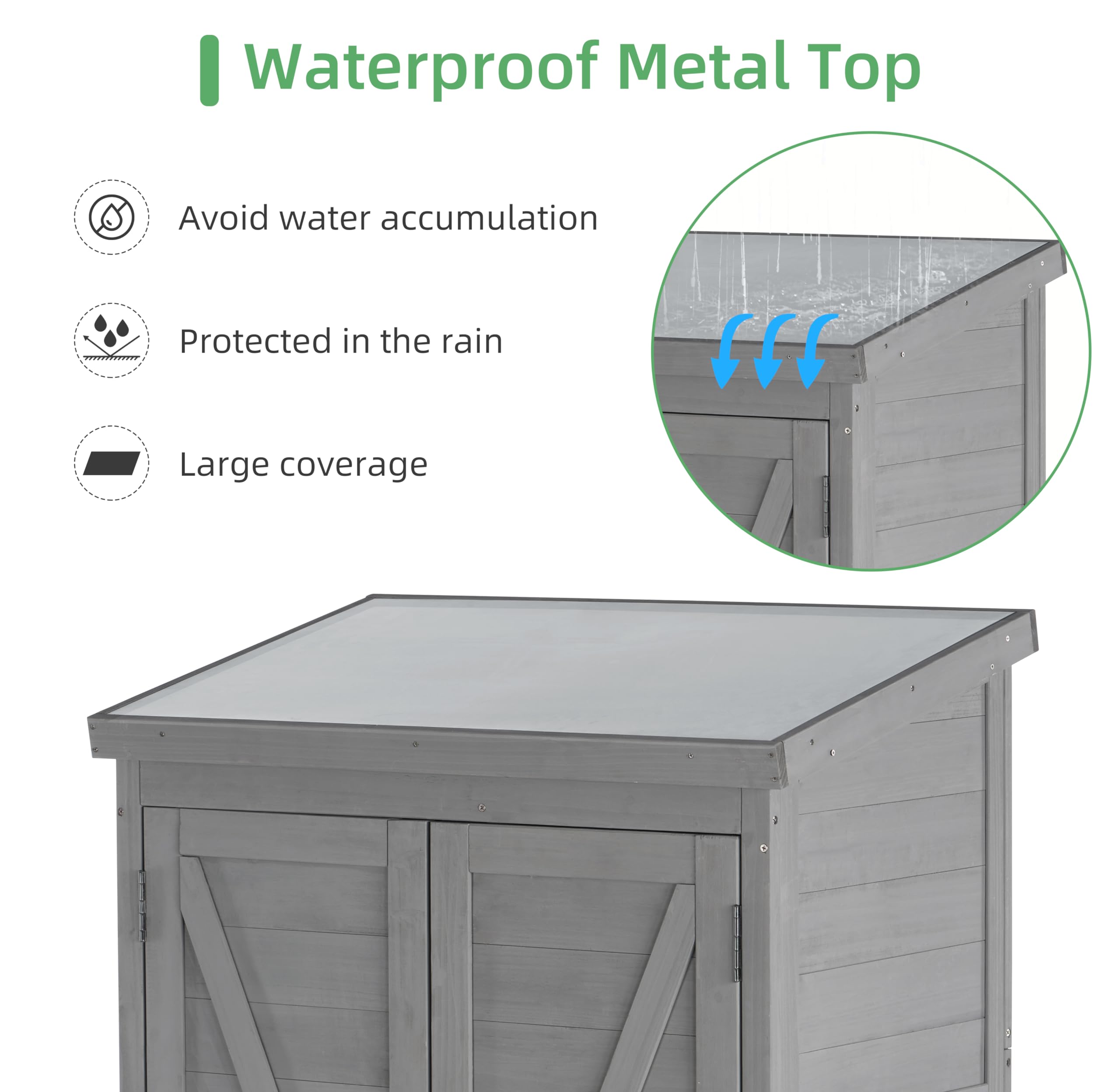 Outdoor Wooden Storage Shed with Metal Top, Tall Vertical Tool Cabinet for Backyard Garden Patio Lawn