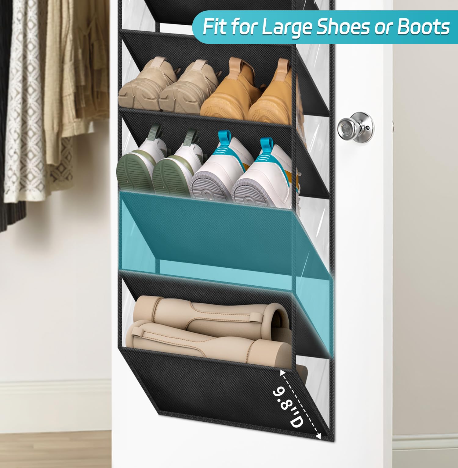 AOODA 10 Tier Clear Over the Door Shoe Organizer Storage, Deep Pockets Large Hanging Shoe Rack for Closet Door, Fit 20 Pairs Shoe Holder Hanger for Sneakers, Boots (Black)