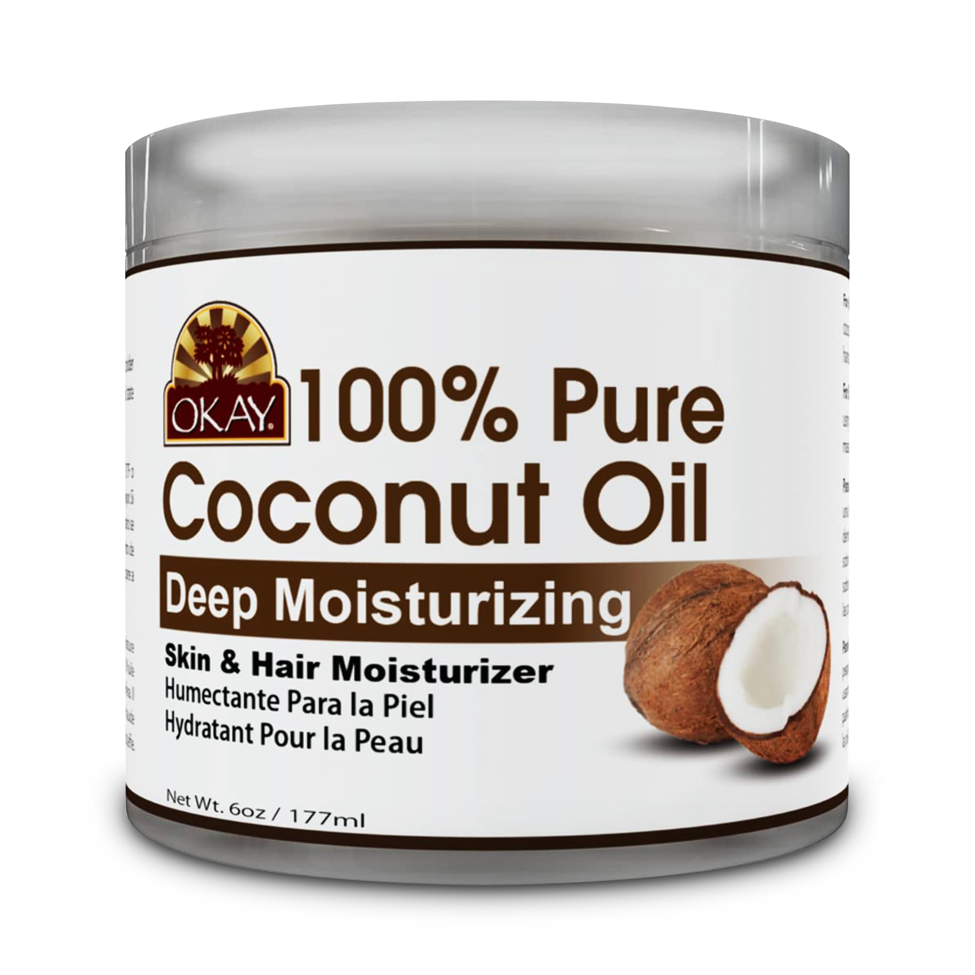 OKAY 100% Pure Coconut Oil for Hair & Skin - Coconut Oil for Women & Men, Perfect for Body & Face, Natural Massage Oil & Moisturizer - 6 Fl Oz Jar (Pack of 1)