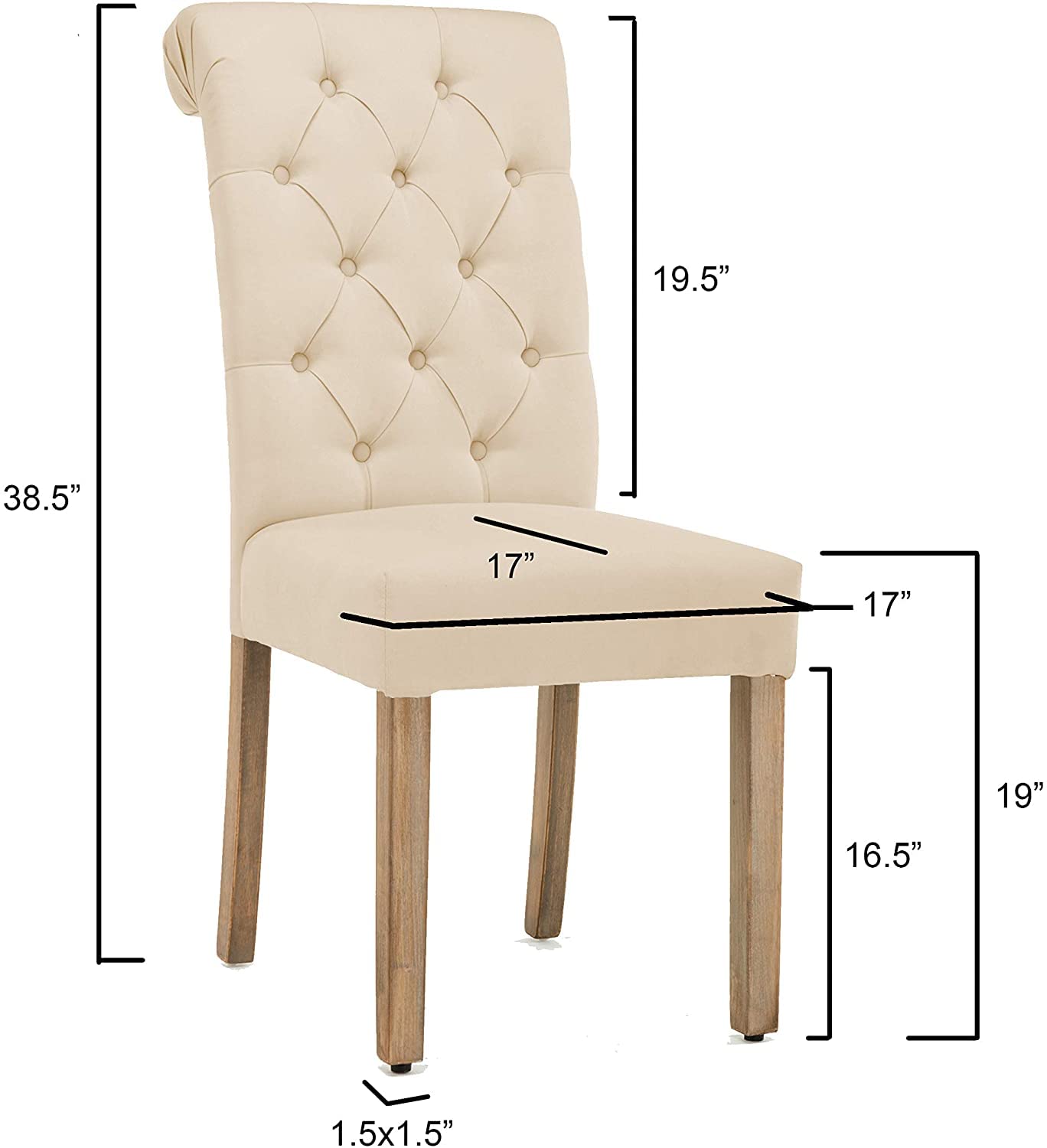 AC Pacific Natalie Tufted Dining Chairs, Contemporary Upholstered Home Kitchen Armless Parson Seat with Rolled Top, Set of 2, Snowy White