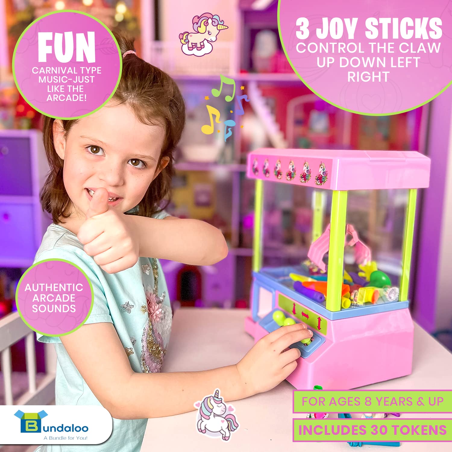 Bundaloo Claw Machine Arcade Game with Sound, Unicorn Themed Mini Candy Grabber Prize Dispenser Vending Toy for Kids, Boys & Girls