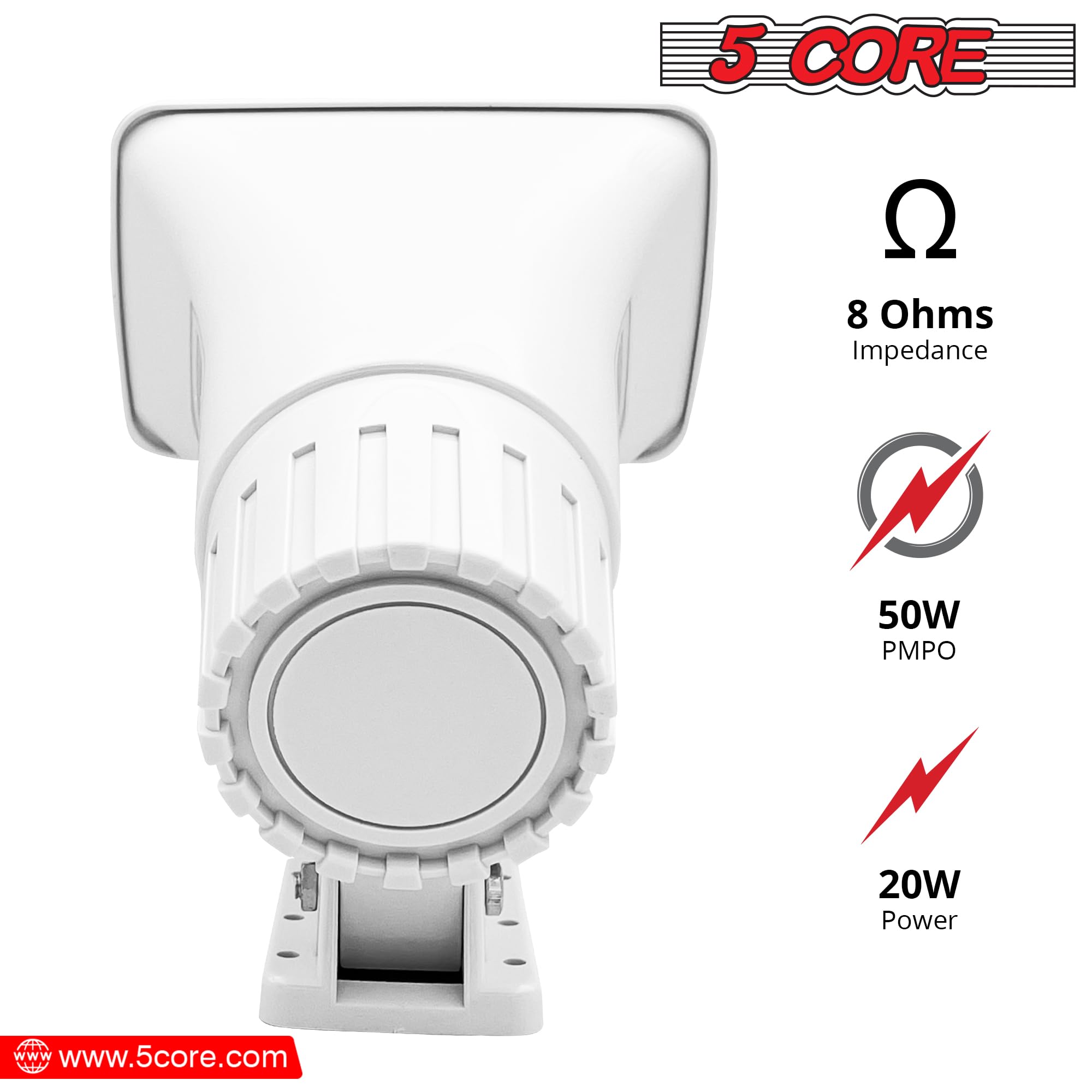 5 CORE 2 Pack Indoor Outdoor PA Horn Speaker β 6 x 4 Inch Loud Portable Power Horn Siren W/ 8 Ohms 50 Watts Max - 180 Degree Swivelling Adjustable Mounting Bracket & Hardware Included White