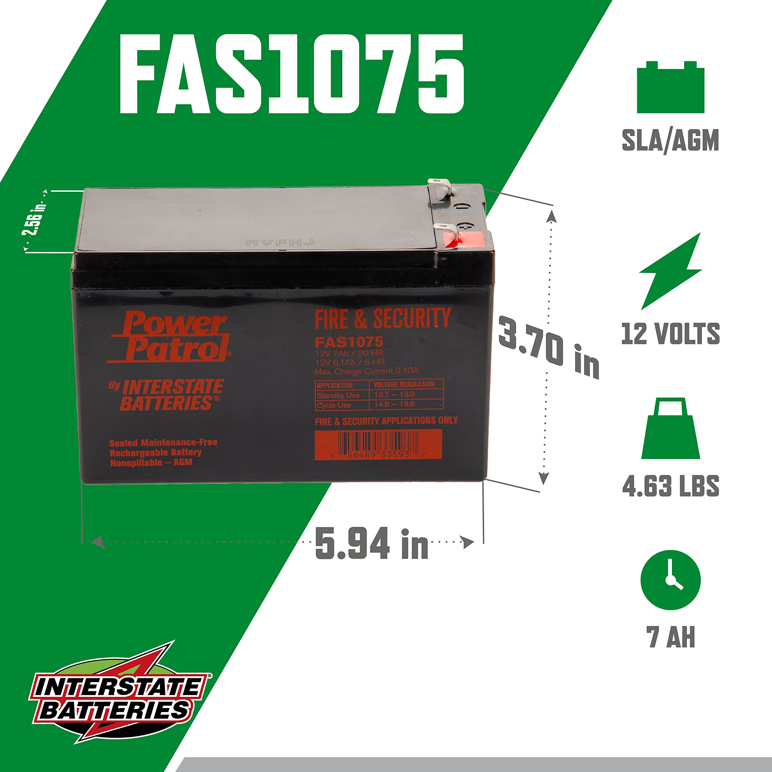Interstate Batteries 12V 7Ah Fire & Security Battery (F1 Terminal) SLA AGM VRLA Power Patrol Rechargeable Replacement for Fire Alarms, Security Systems, General (FAS1075)
