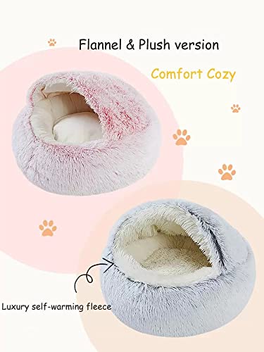 Geizire Small Dog Bed & Cat Bed, Round Donut Calming Cat Beds, Anti-Anxiety Cave Bed with Hooded Blanket for Warmth and Security - Machine Washable, Water/Dirt Resistant Base (Up 6 Pound)
