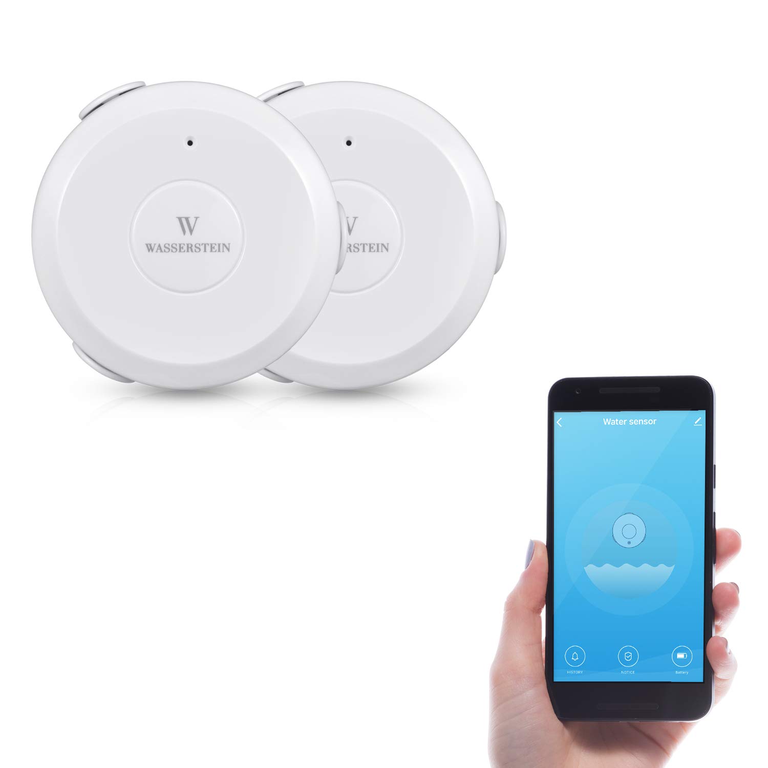 AC Powered Smart Wi-Fi Water Sensor, Flood and Leak Detector with 6ft/1.8m Cable– Alarm and App Notification Alerts, No Expensive Hub Required, Simple Plug & Play by Wasserstein (2 Pack)