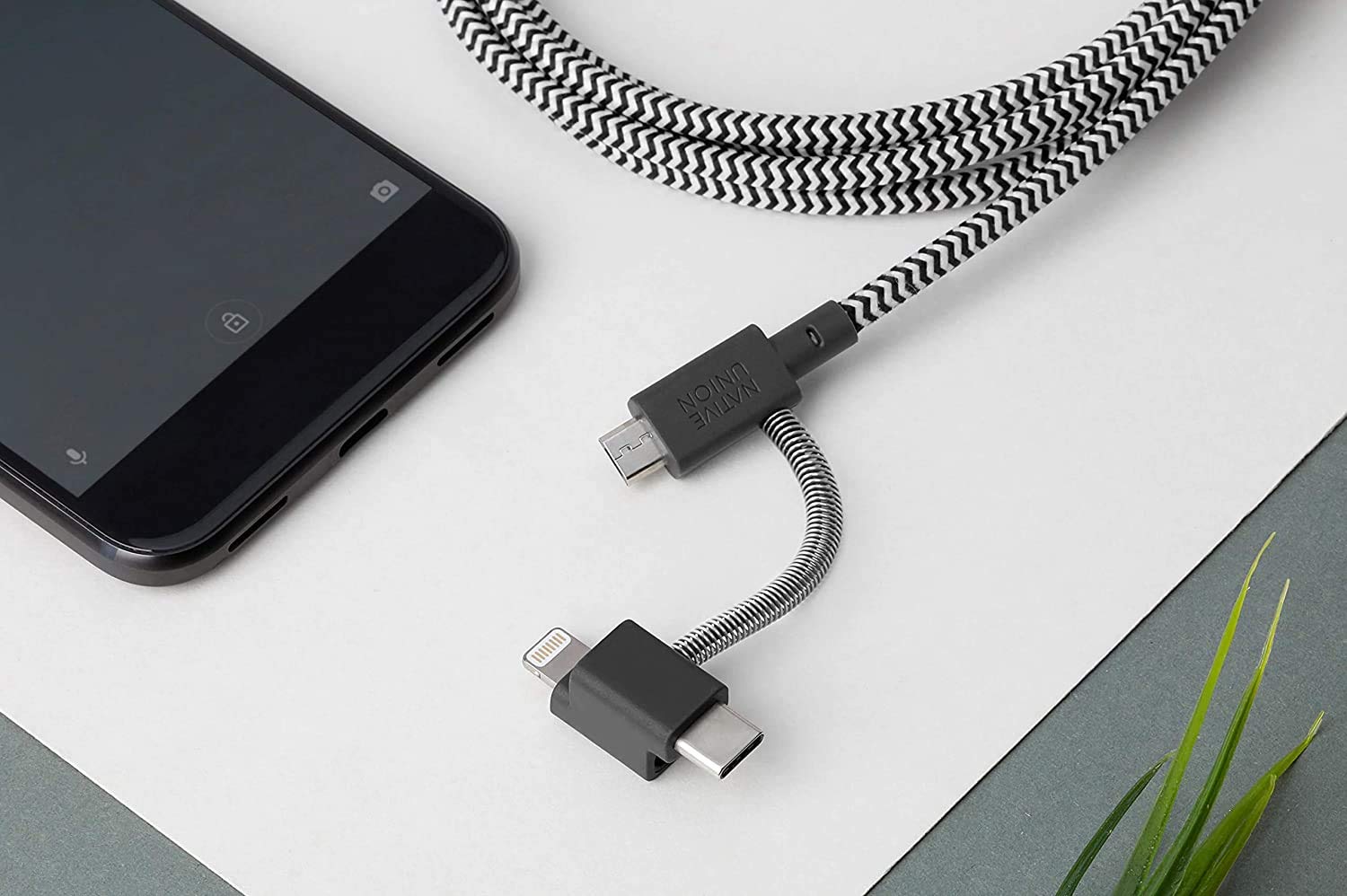 Native Union Belt Cable Universal - 6.5ft Ultra-Strong Reinforced [MFi Certified] Durable Charging Cable with 3-in-1 Adaptor for Lightning, USB-C and Micro-USB Devices (Zebra)