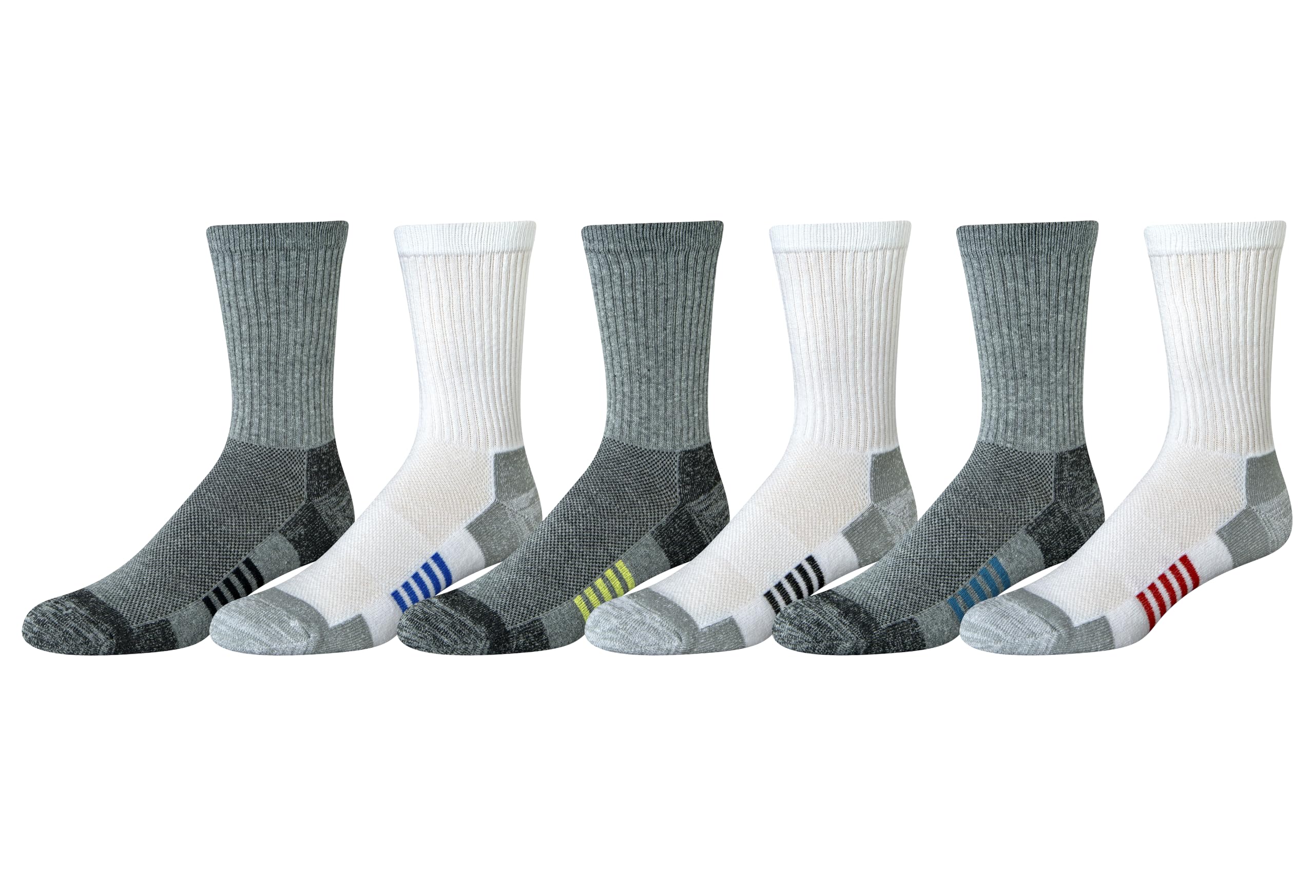 Amazon Essentials Men's Performance Cotton Cushioned Breathable Athletic Crew Sports Socks, 6 Pairs, Grey/White, 12-14
