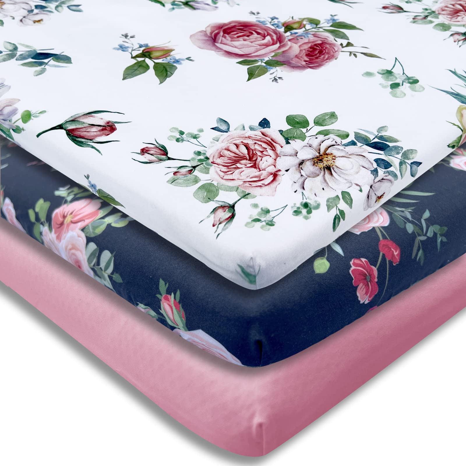 AMROSE 3 Pack Soft Floral Mini Crib Sheets, Microfiber Pack N Play Sheets Set for Baby Girls, Silk Touch Gentle Playard Sheet Portable Crib Sheet, Floral Theme