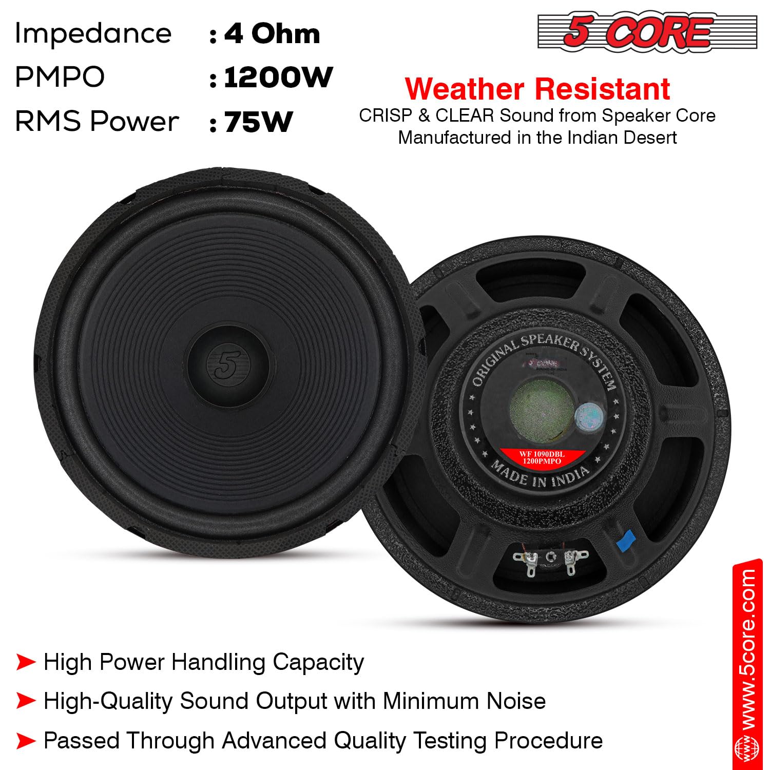 5 Core 10 Inch Subwoofer Speakers • 1200W Peak • 4 Ohm Replacement Car Sub Woofer w Powerful Bass • 1" Voice Coil • Double 13 Oz Magnet WF 1090 DBL