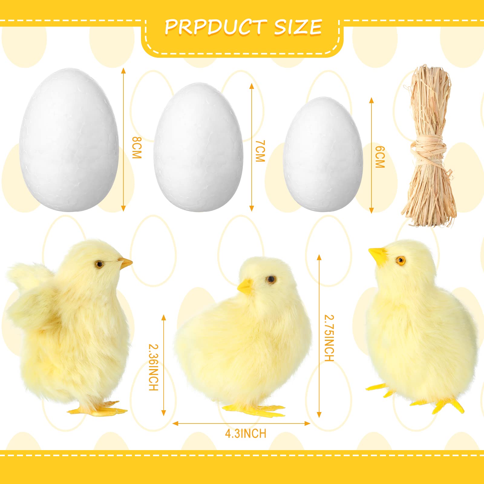 9 Pcs Spring Easter Chicken Decoration Set 4 Pcs Realistic Plush Little Chick Figurine Fluffy Chicks 4 Pcs Craft Foam Egg 1 Bag Yellow Easter Grass for Photography DIY Crafting Easter Hunt Party