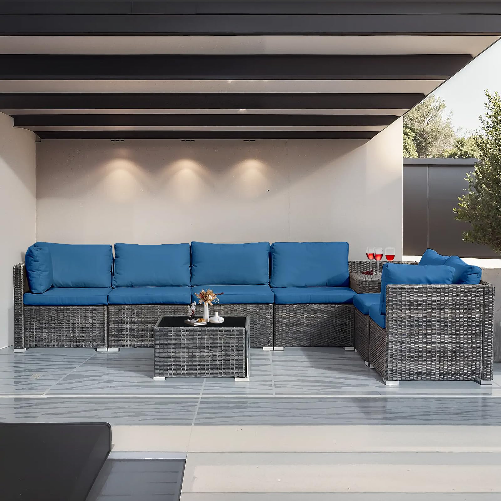 8-Piece Outdoor Wicker Patio Furniture Set with Soft Cushions,Storage Space and Coffee Table for Poolside,Garden,Backyard. (Gray Rattan Blue Cushion)